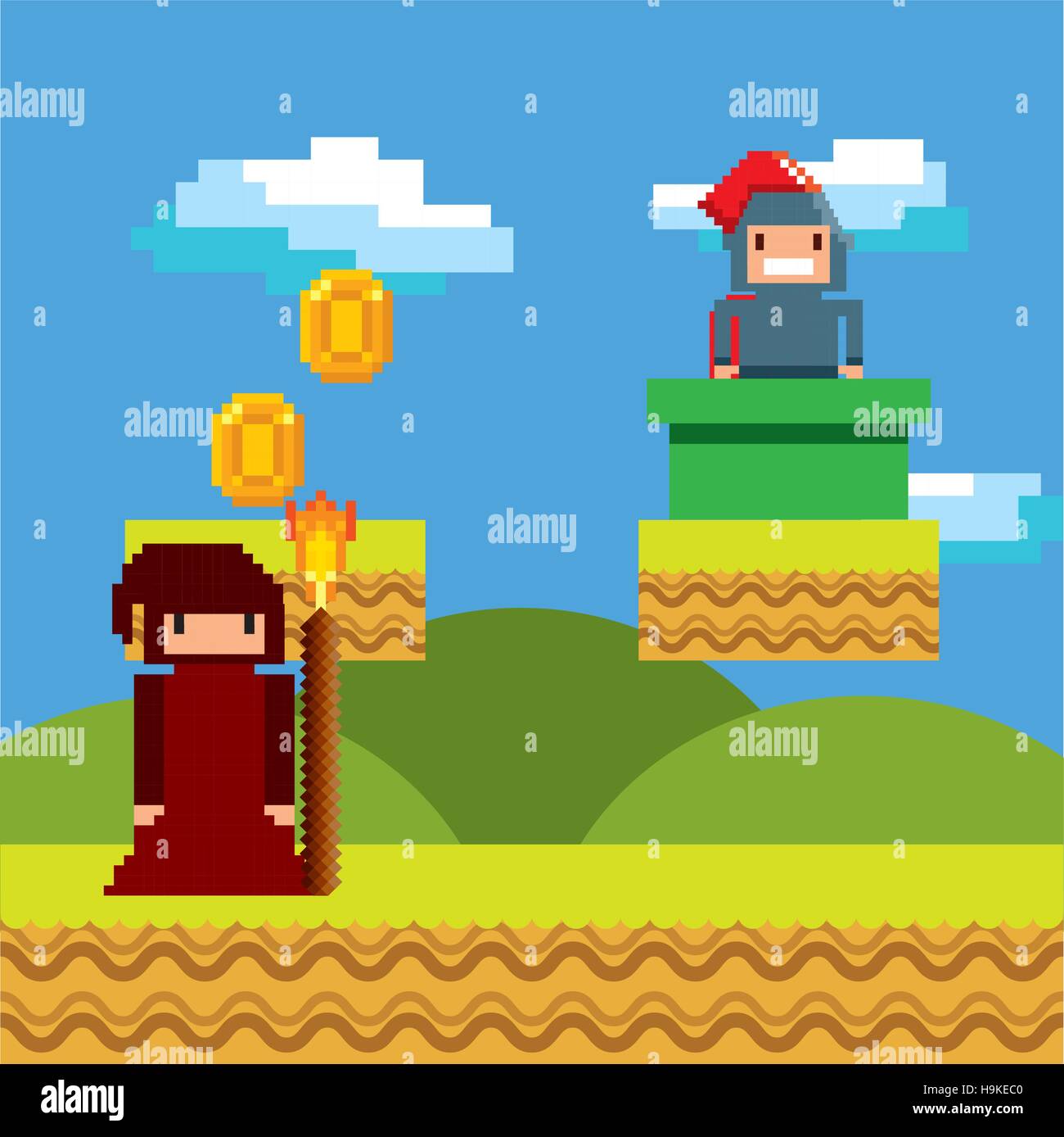 pixel knight character over landscape background. Video game interface ...