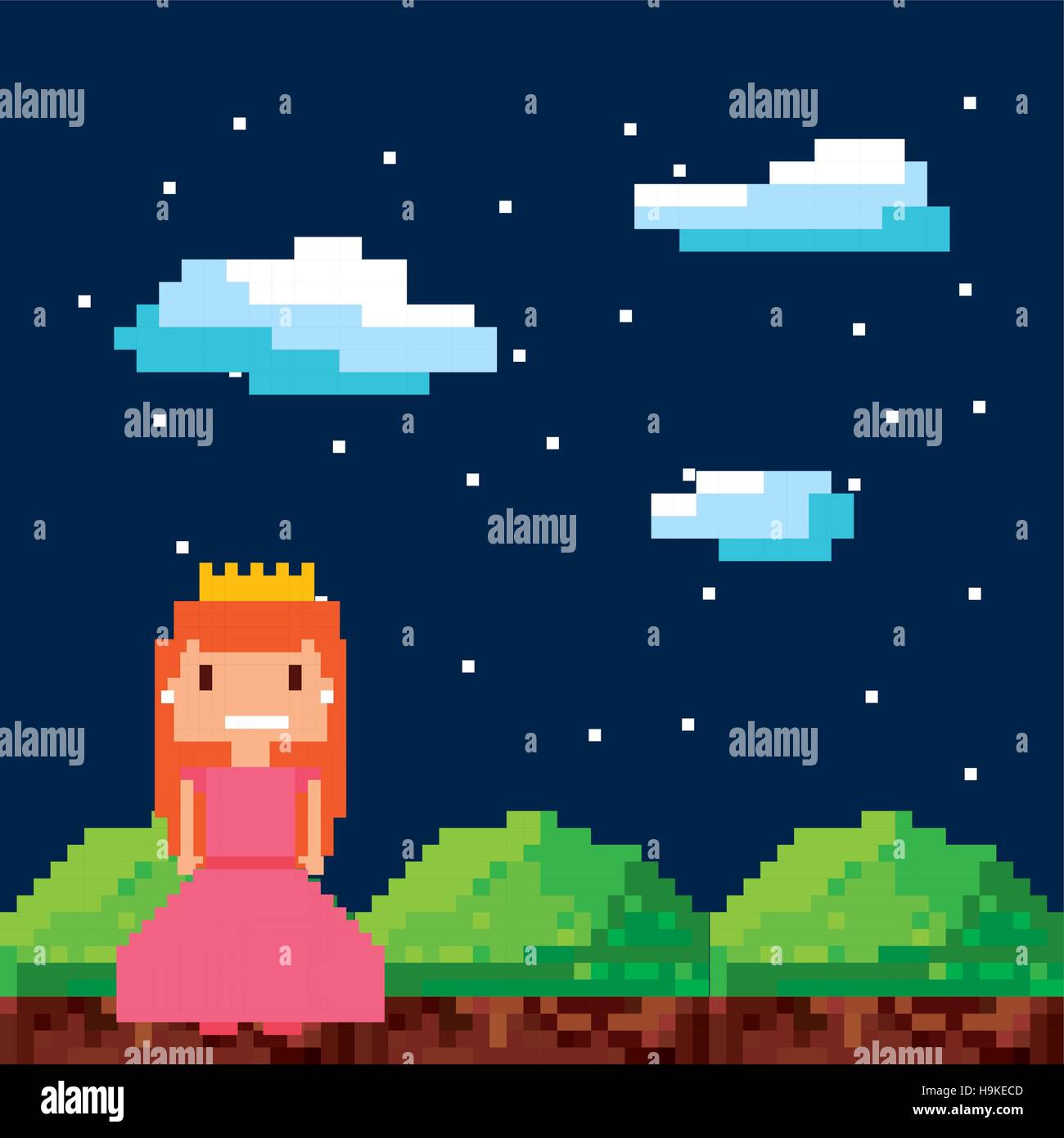pixel princess character over night landscape. videogame interface ...