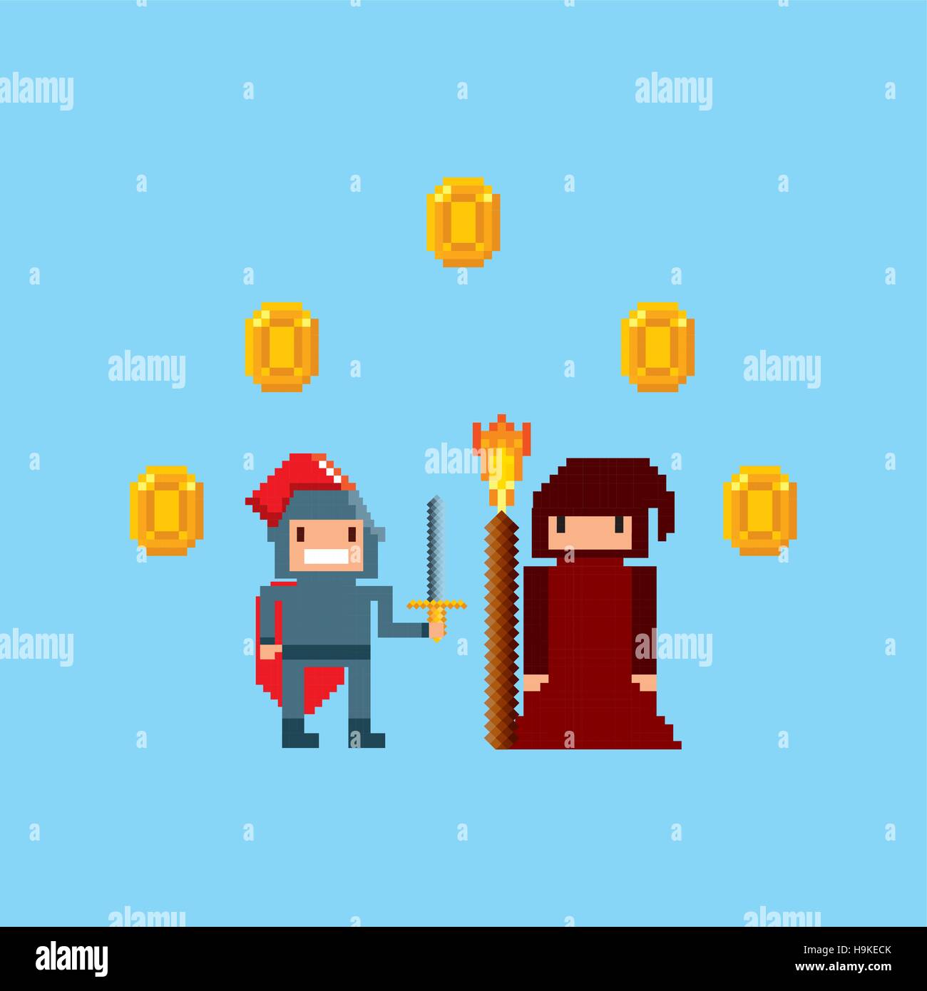 pixel knight character with sword and gold coins over blue background ...