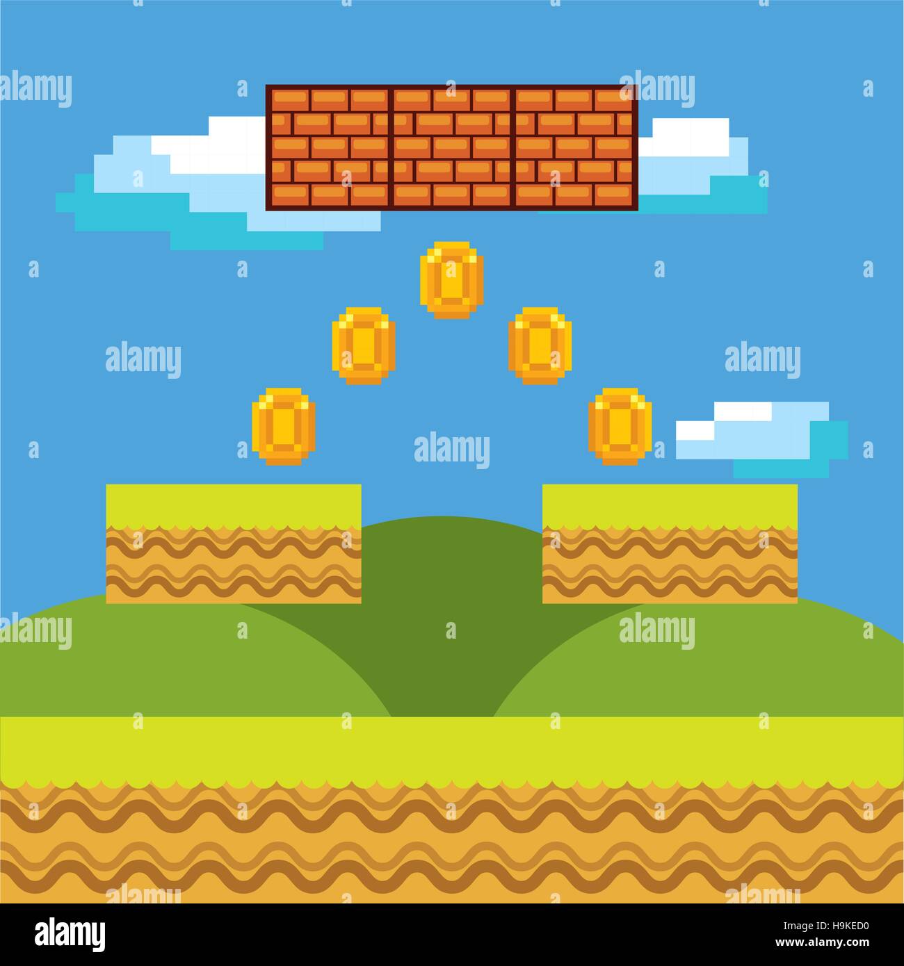 pixel videogame interface with gold coins. . Colorful design. vector ...