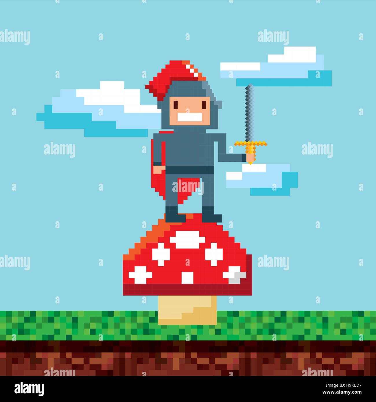 Pixel knight character with sword on fungus over landscape background ...