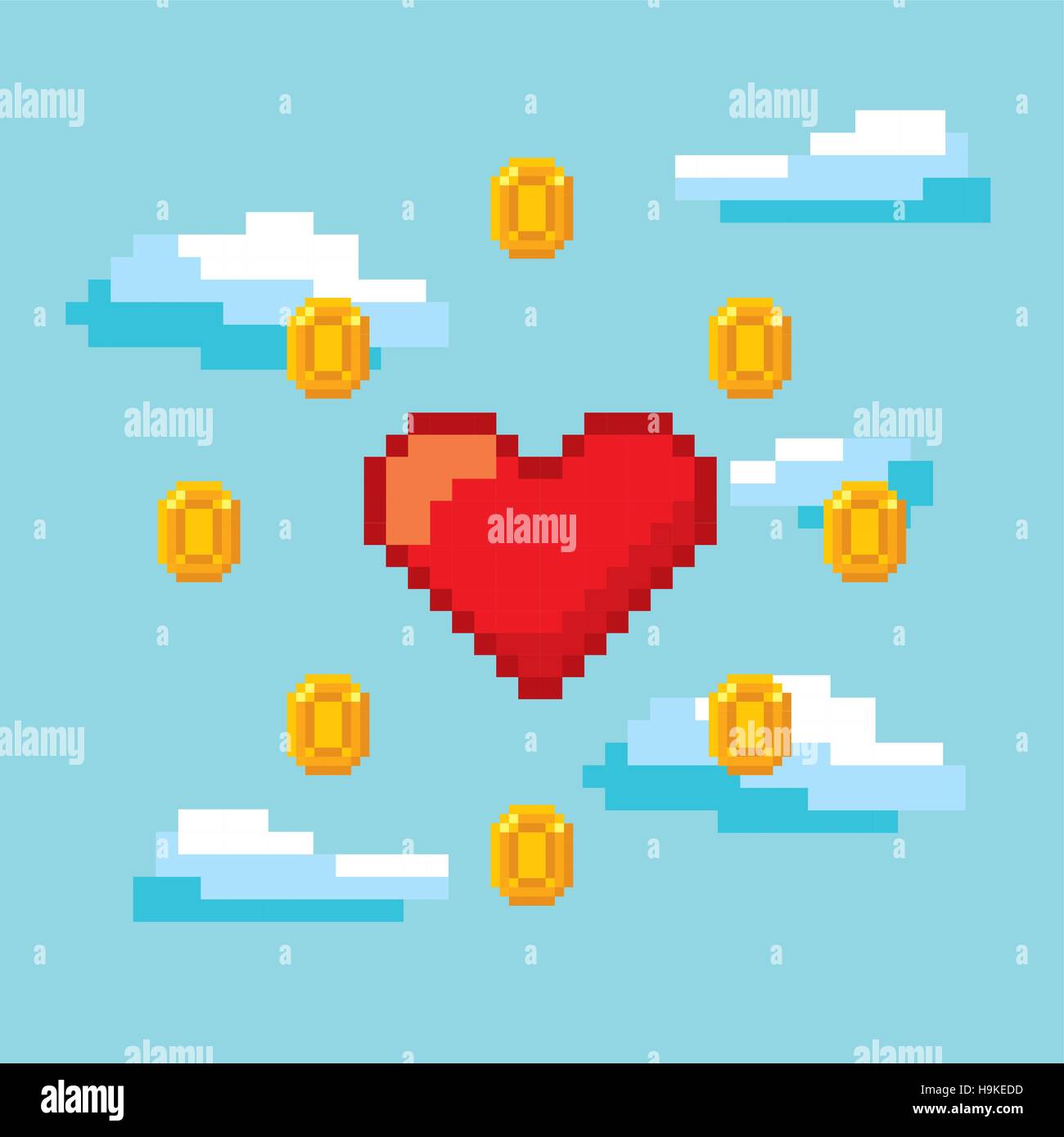 pixel red heart with gold coins around over sky background. Video game ...