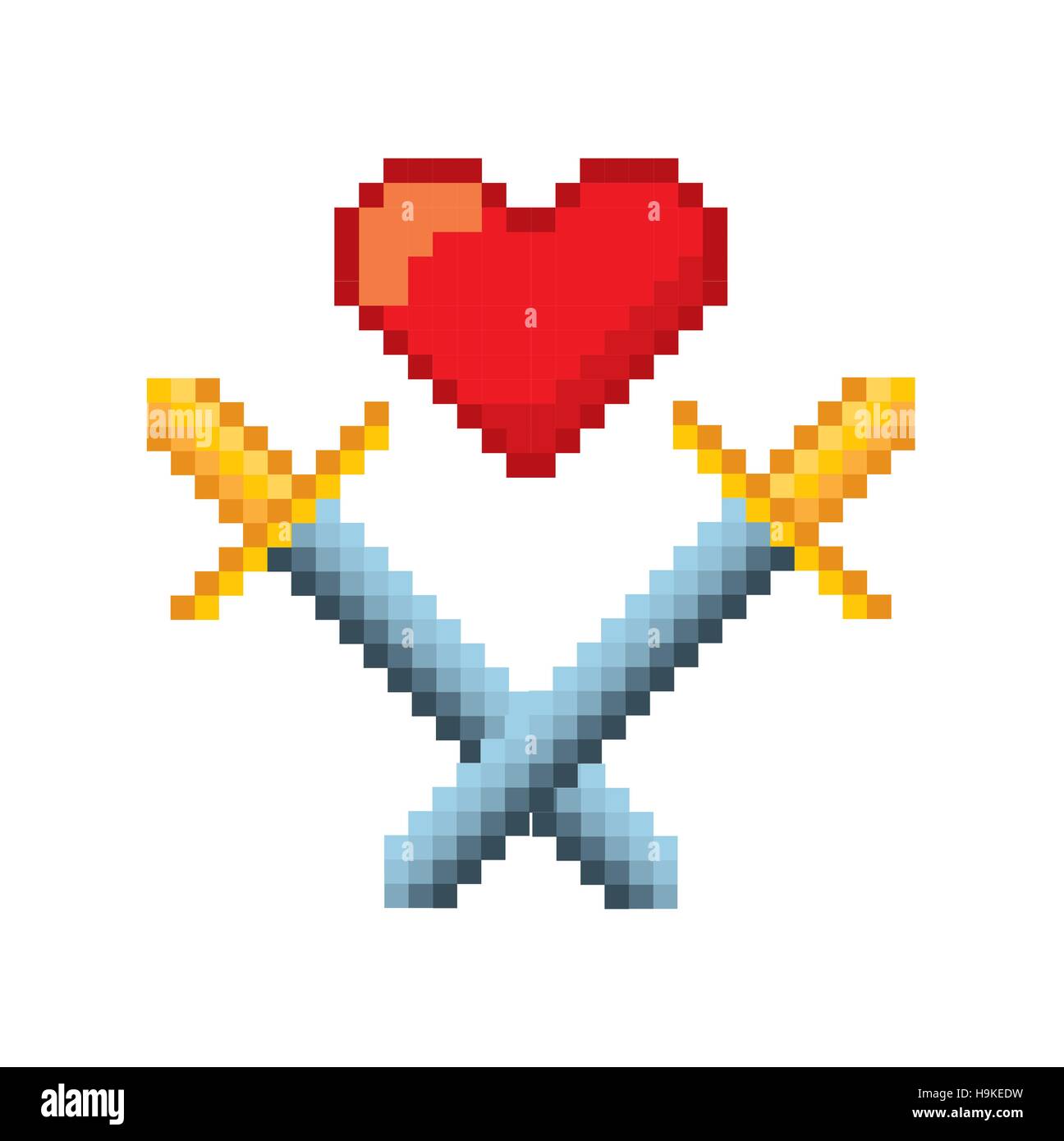 pixel crossed swords and red heart shape over white background. Video ...