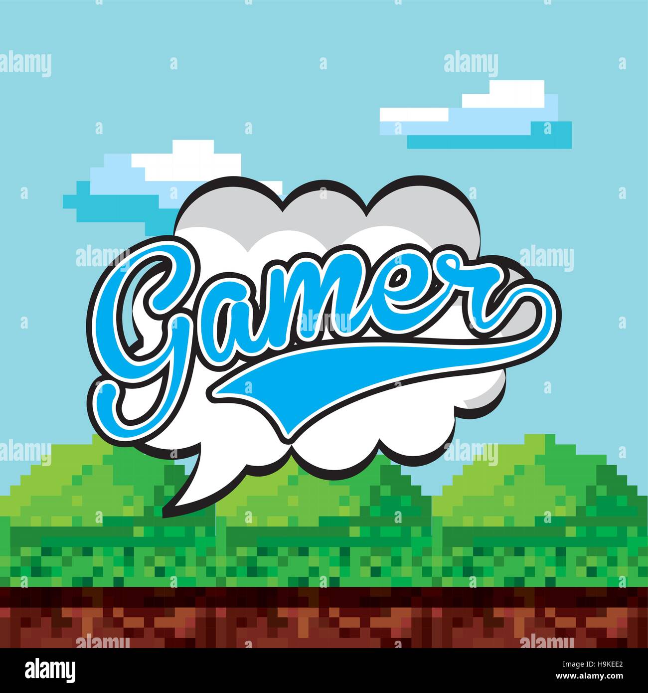 communicate bubble with gamer word over pixel landscape. Colorful ...