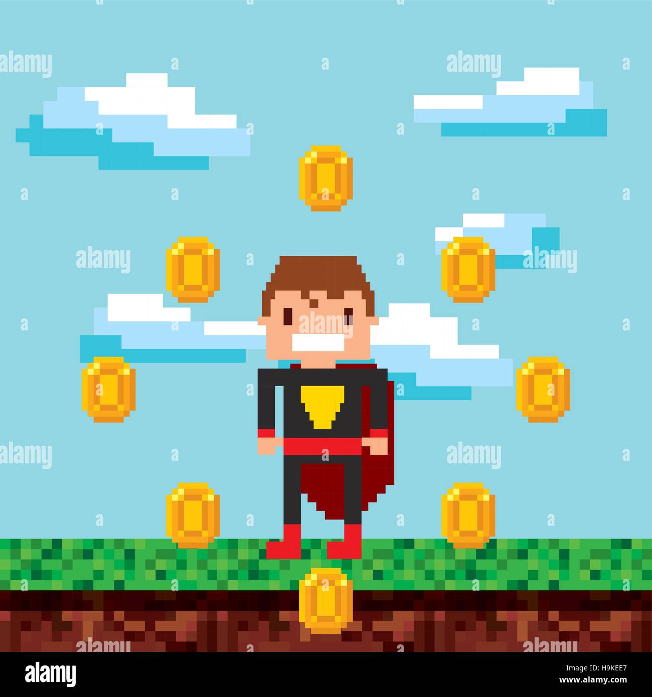 pixel superhero character with gold coins around over landscape ...