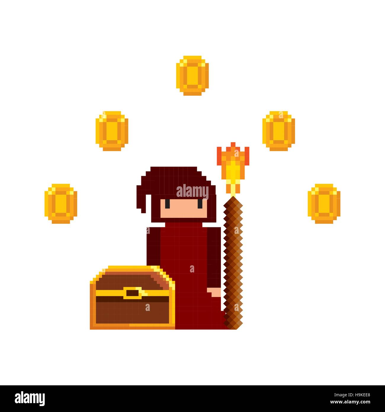 pixel character of videogame with gold coins around and treasure box ...