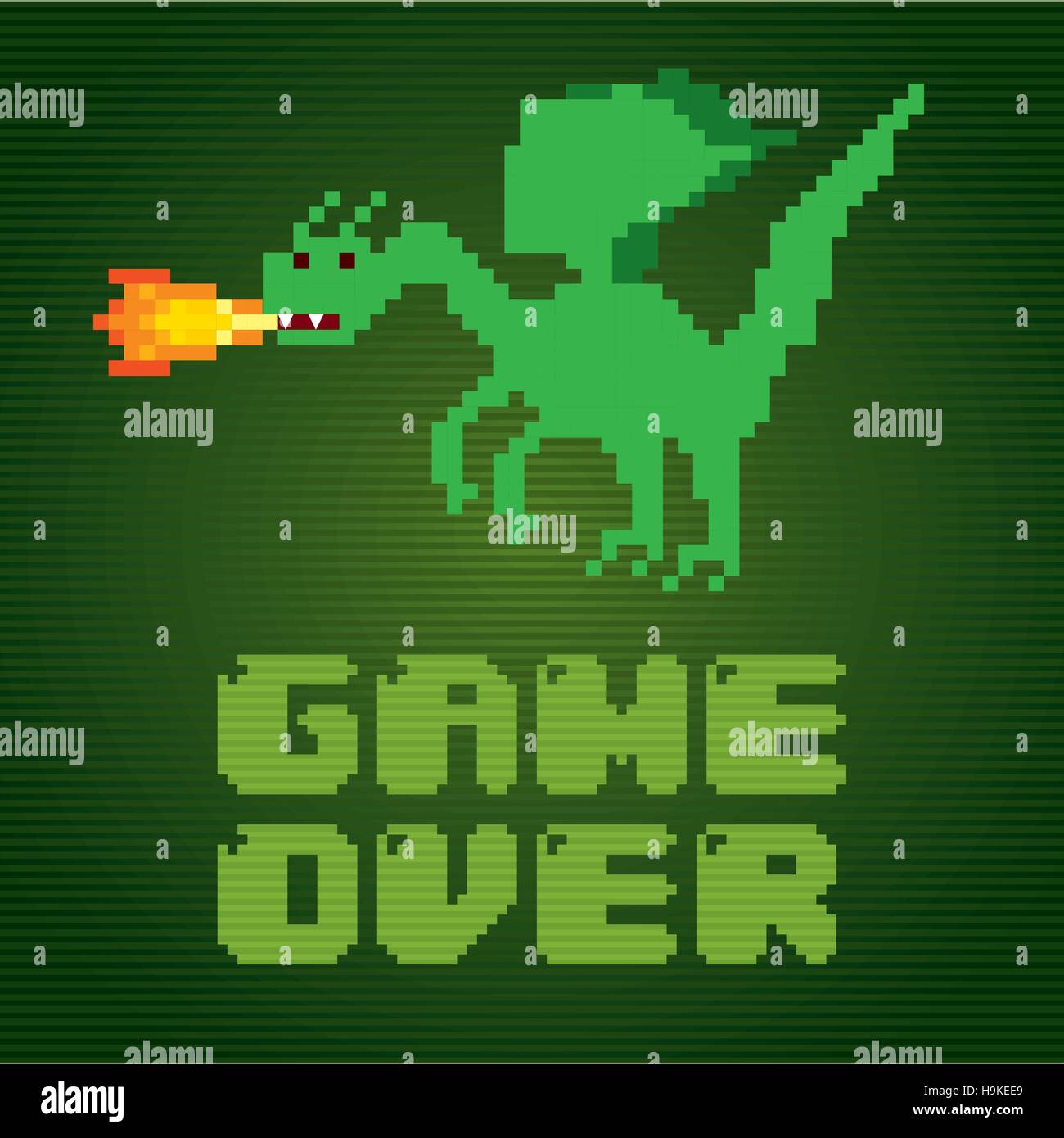pixel dragon throwing fire over green background. video game interface ...