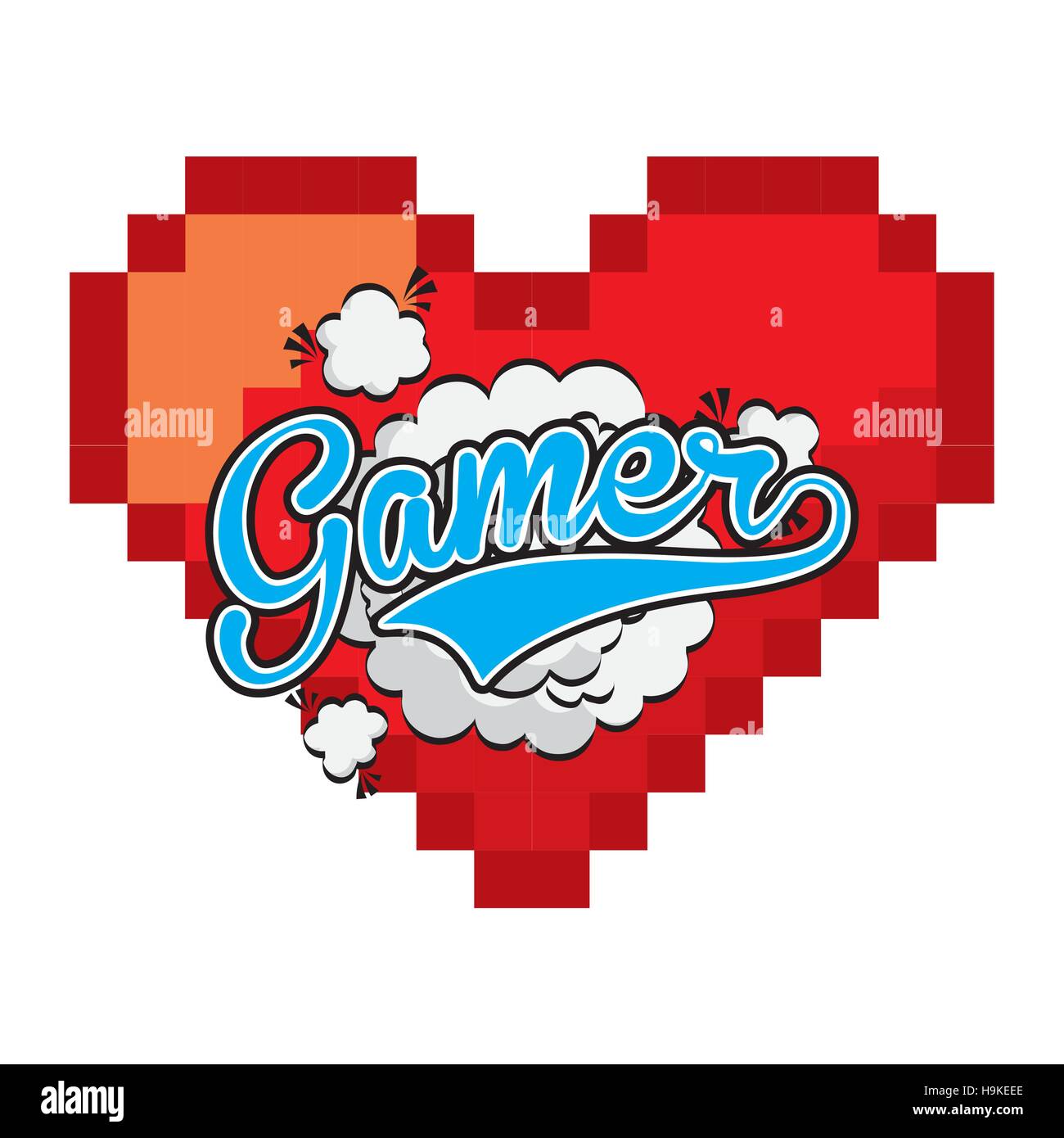 pixel red heart with gamer word over white background. vector ...