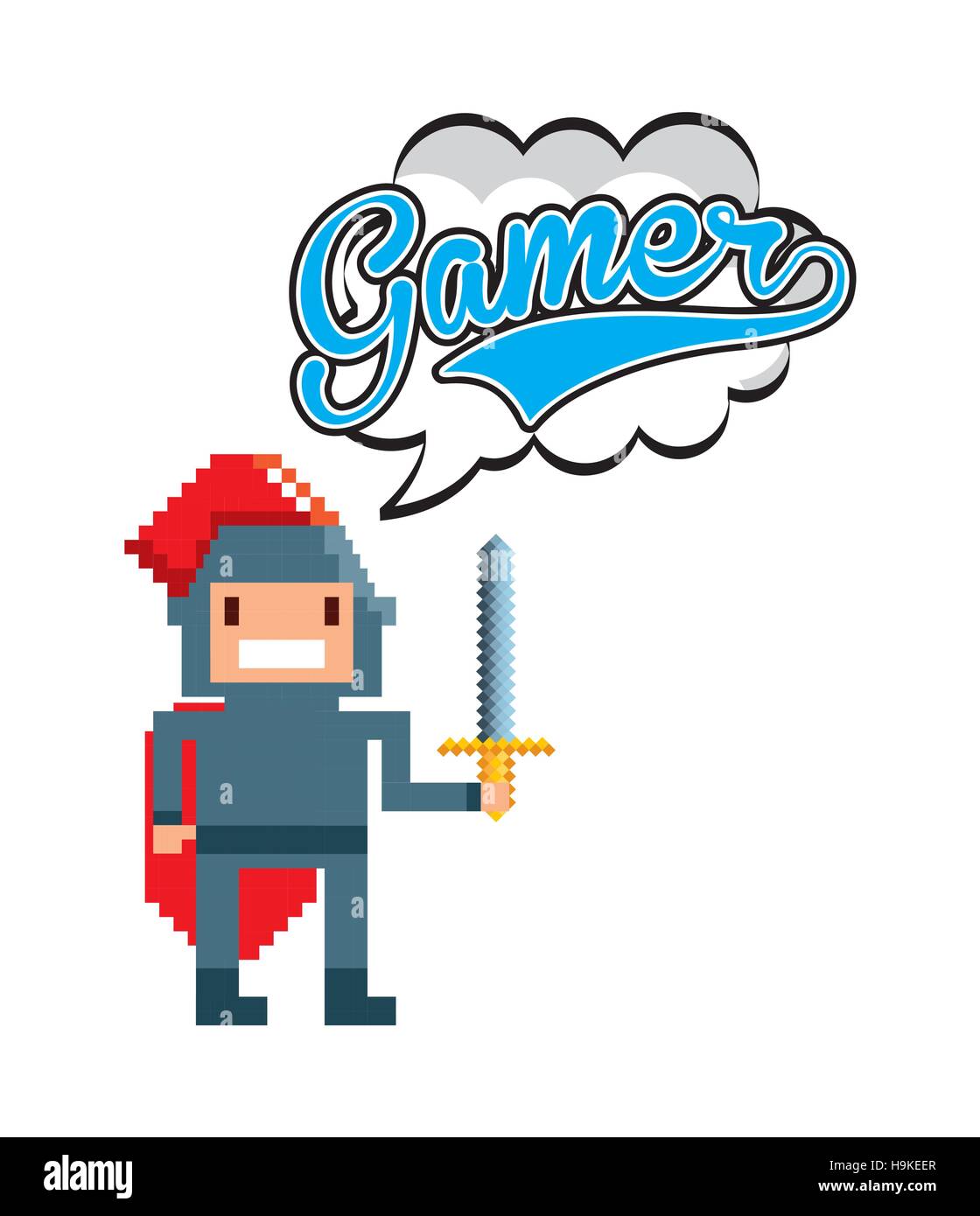 pixel knight with sword and communication bubble with gamer word ...