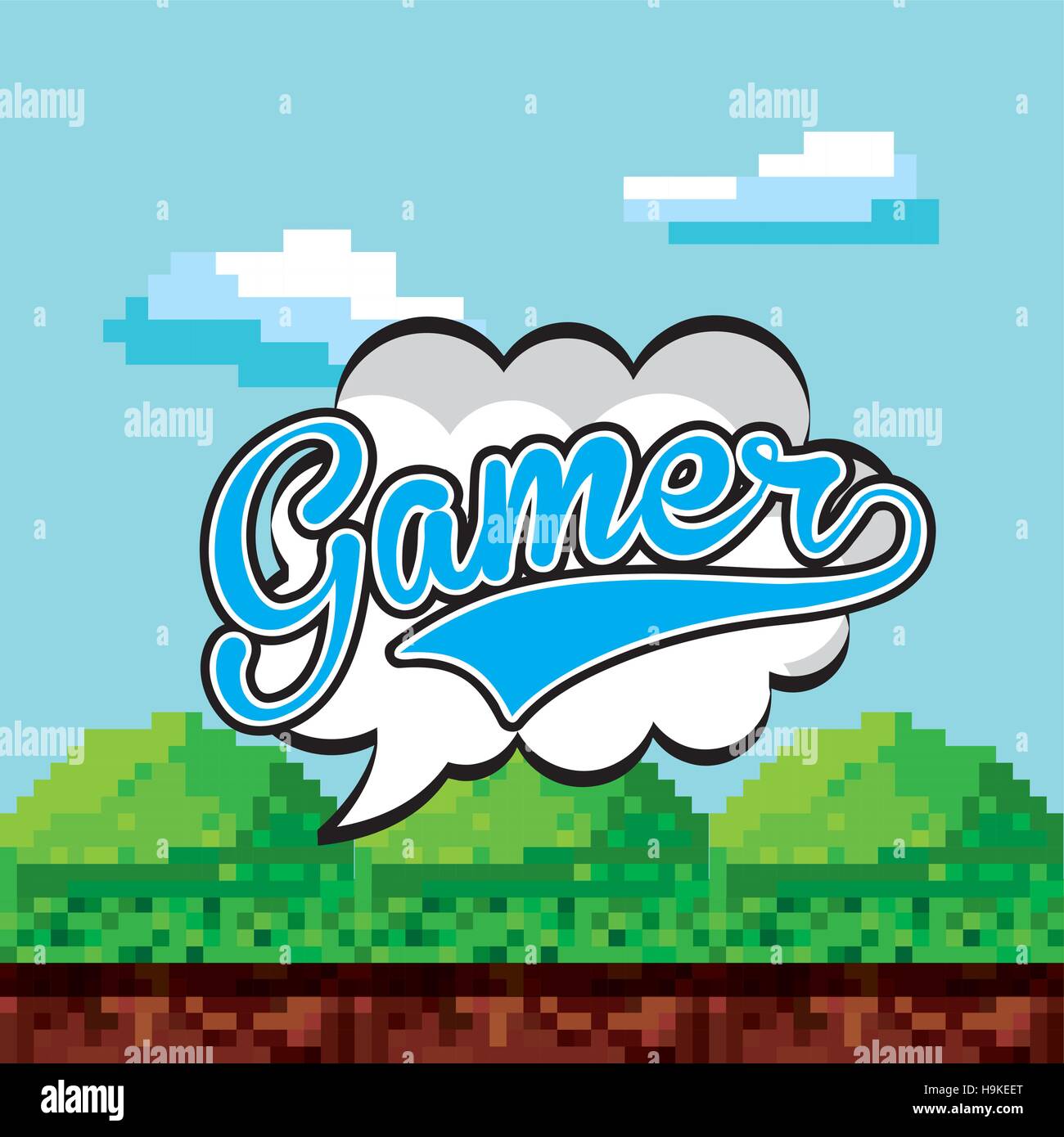 communication bubble with gamer word over landscape background ...