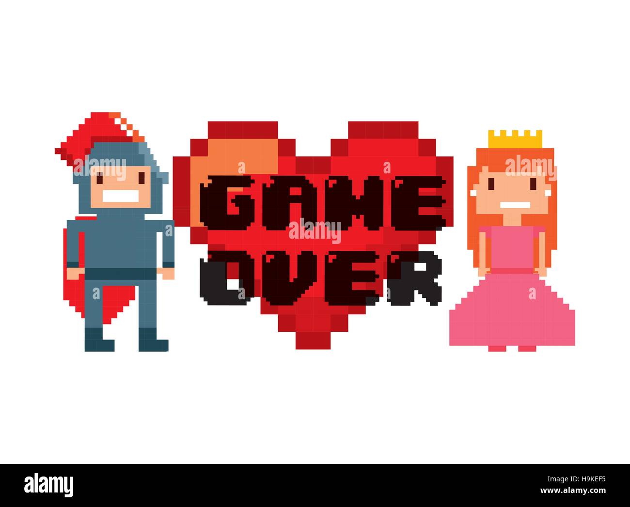 princess and knight characters and red heart with game over word over ...