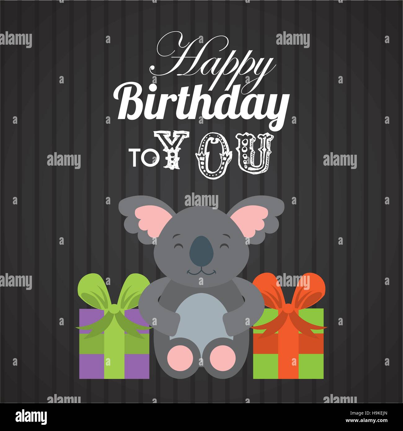 happy birthday card with cute koala and gift boxes over black ...