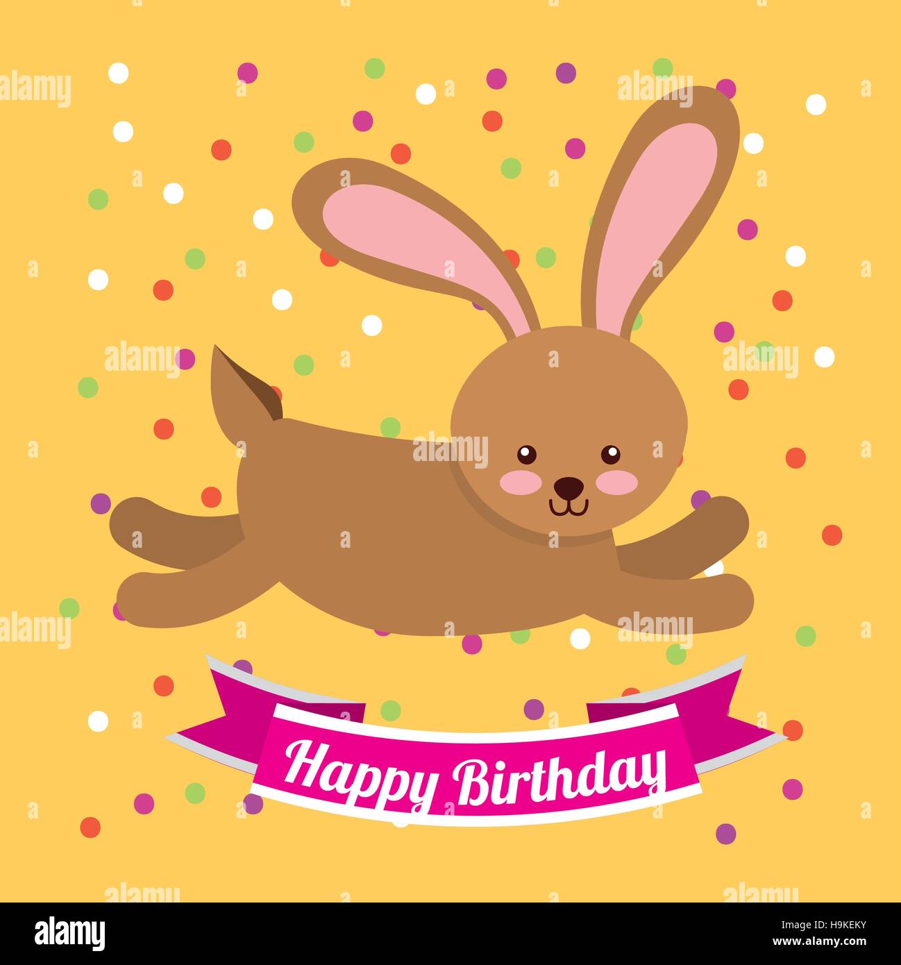 happy birthday card with cute rabbit animal over yellow background ...