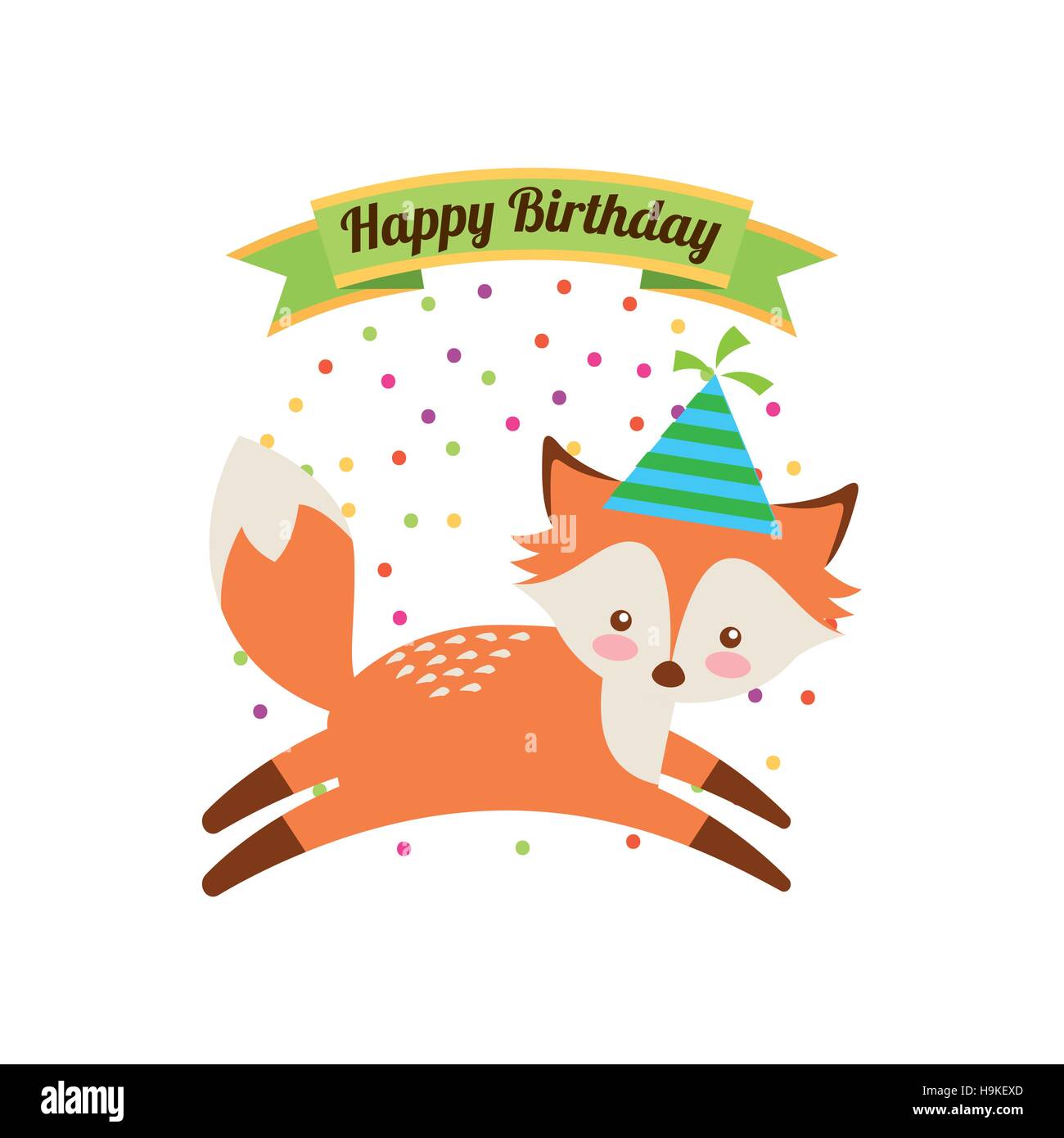 happy birthday card with cute fox wearing a party hat over white ...