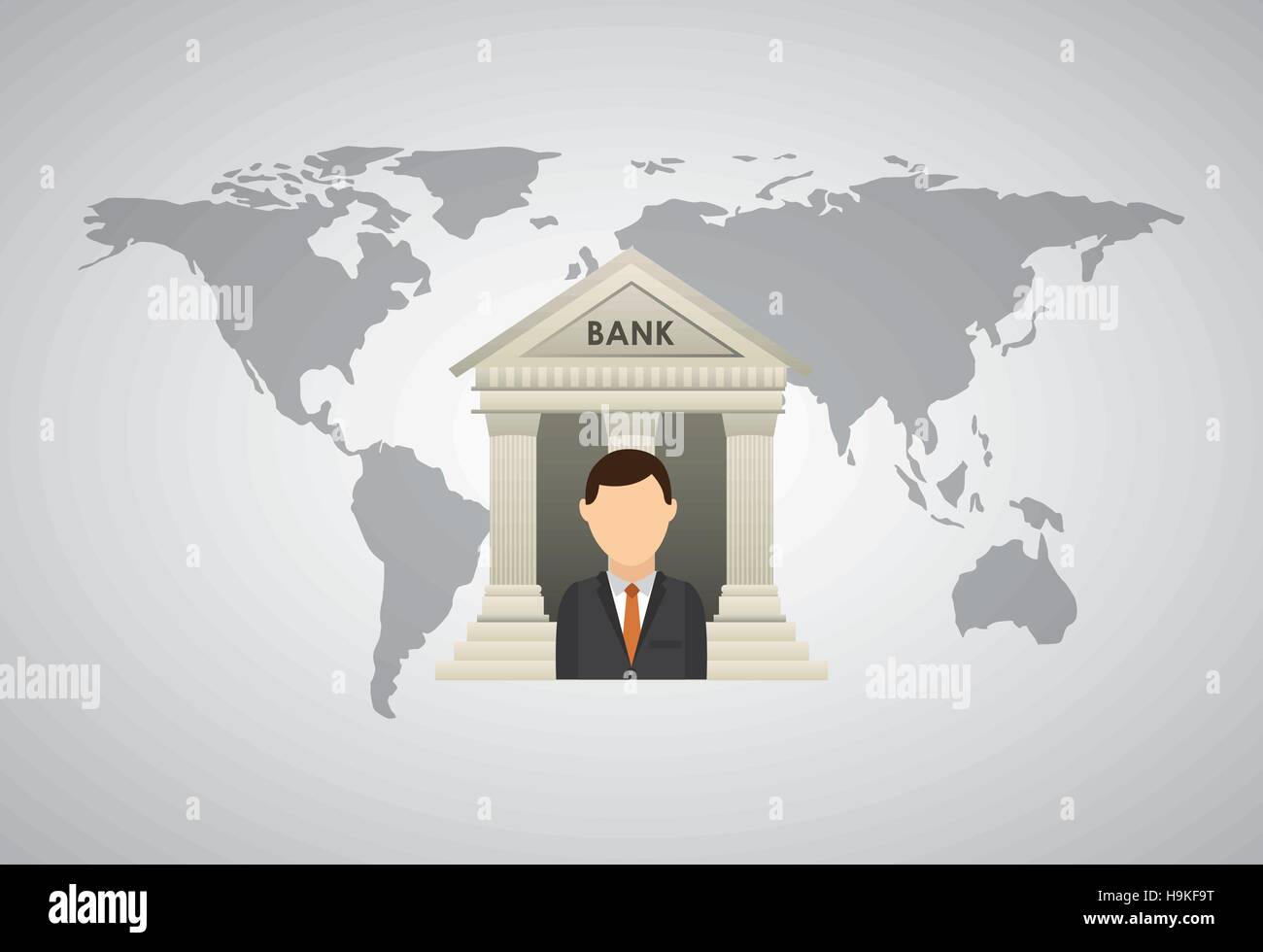 bank icon and business man over world map background. vector ...