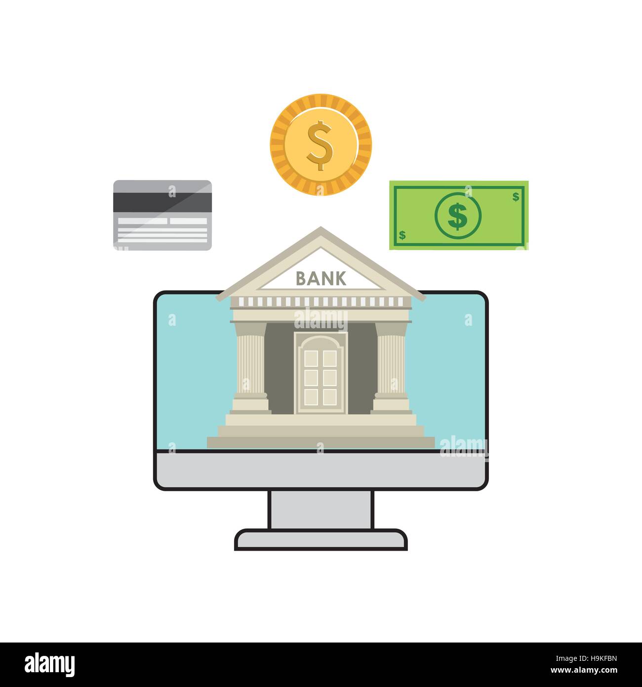 bank icon on computer screen and money items around over white ...