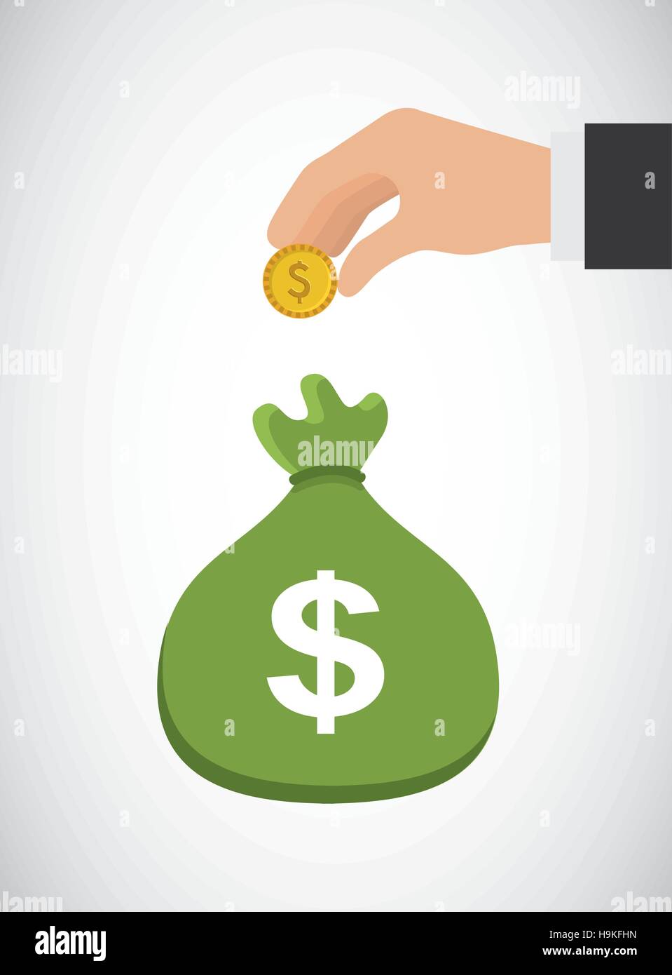 human hand with gold coin and green sack of money over white background ...