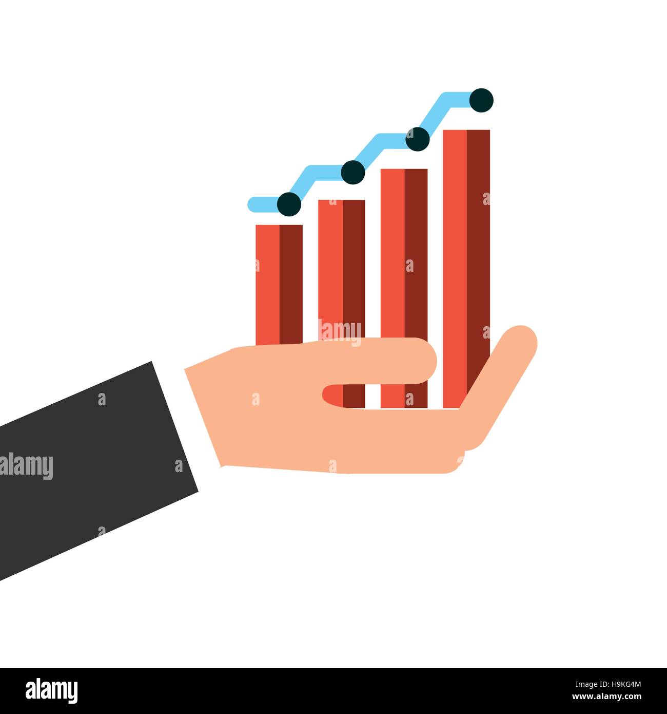 human hand holding a graphic bars chart over white background. invest ...