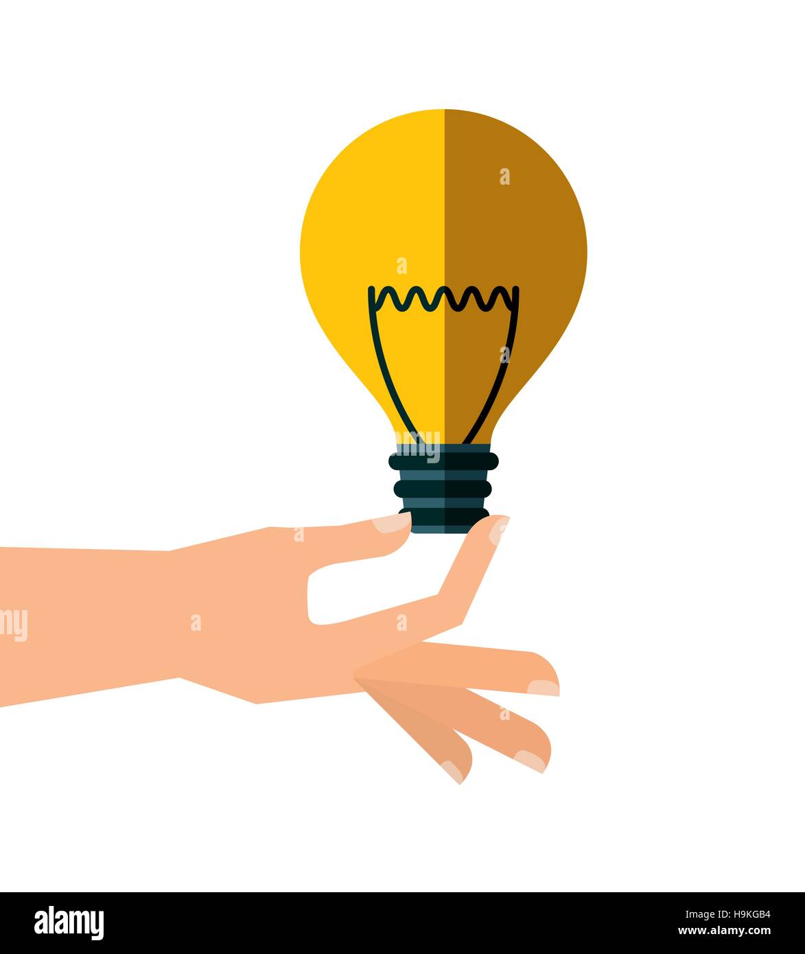 human hand holding a yellow bulb light icon over white background ...