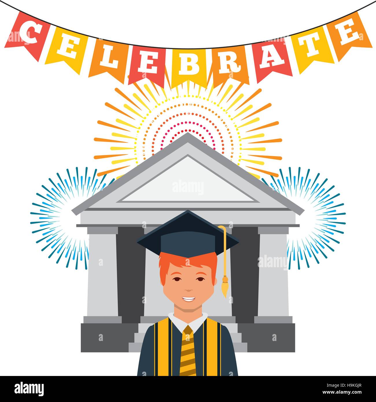 cartoon graduate man with decorative pennants and fireworks over white ...