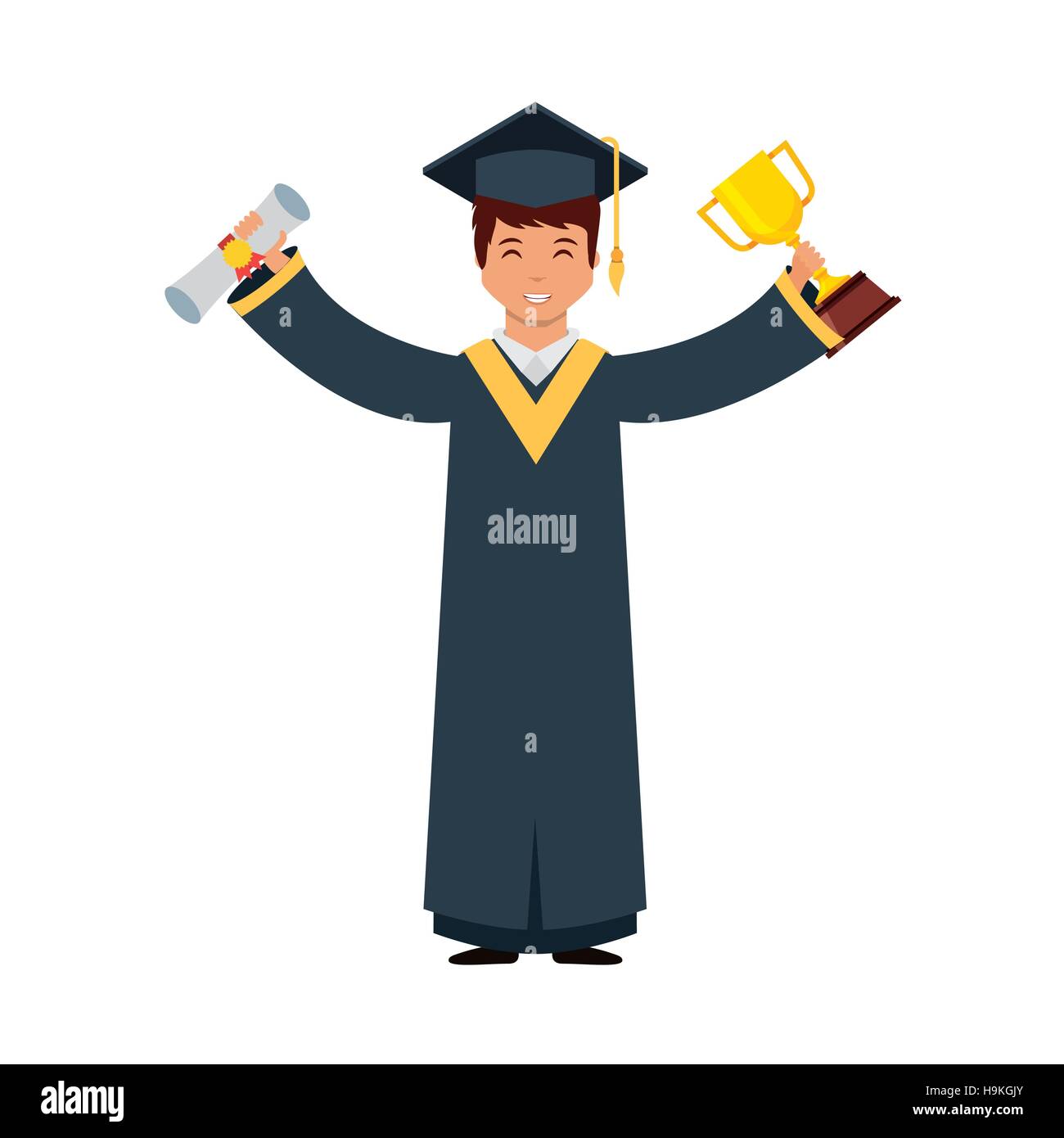 cartoon graduate man holding a gold trophy and certificate. colorful ...