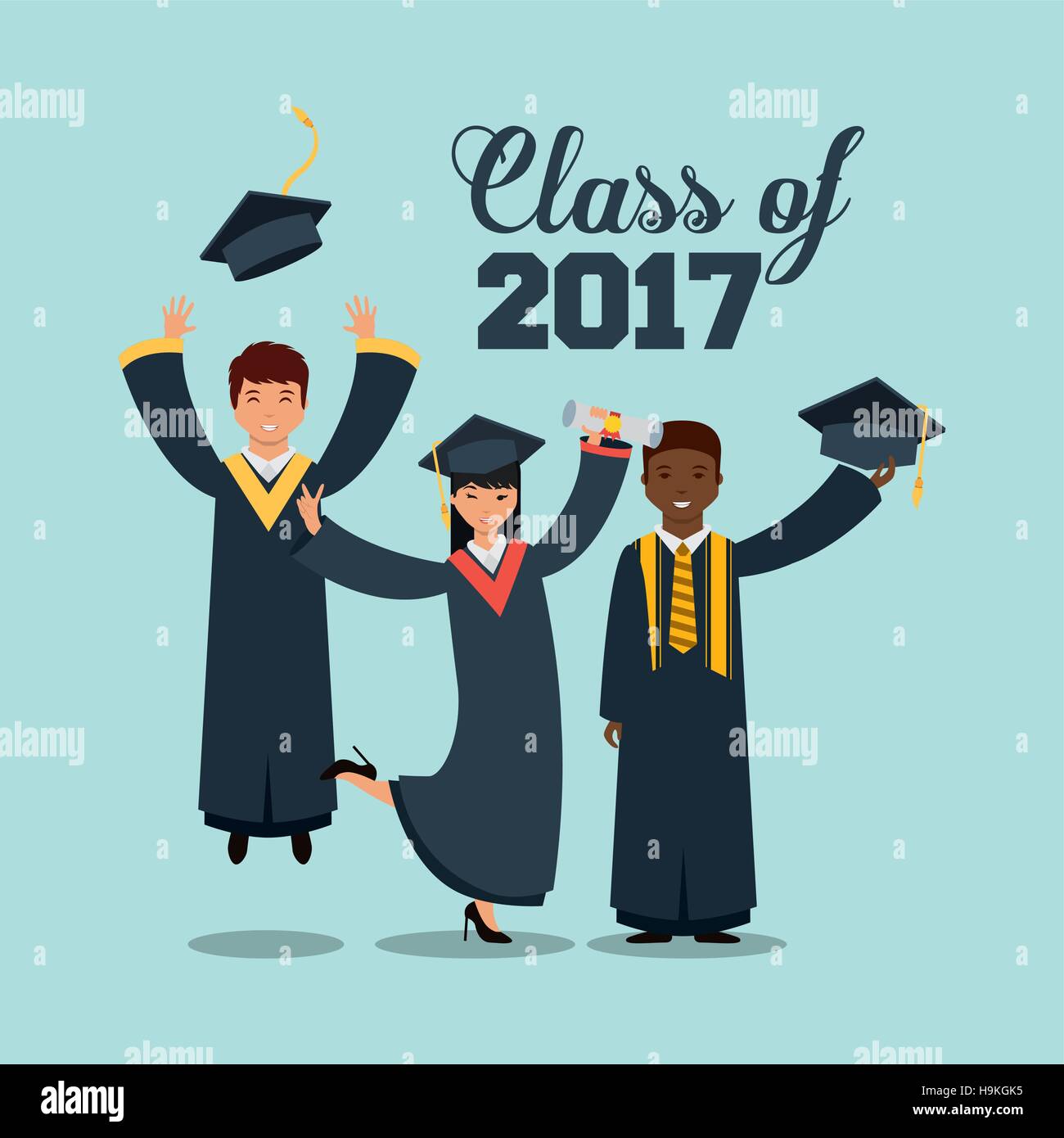 happy graduates jumping over blue background. class of 2017 concept ...