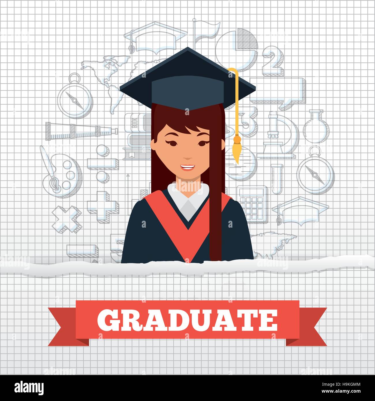 decorative cartoon graduate woman smiling and red ribbon over white ...