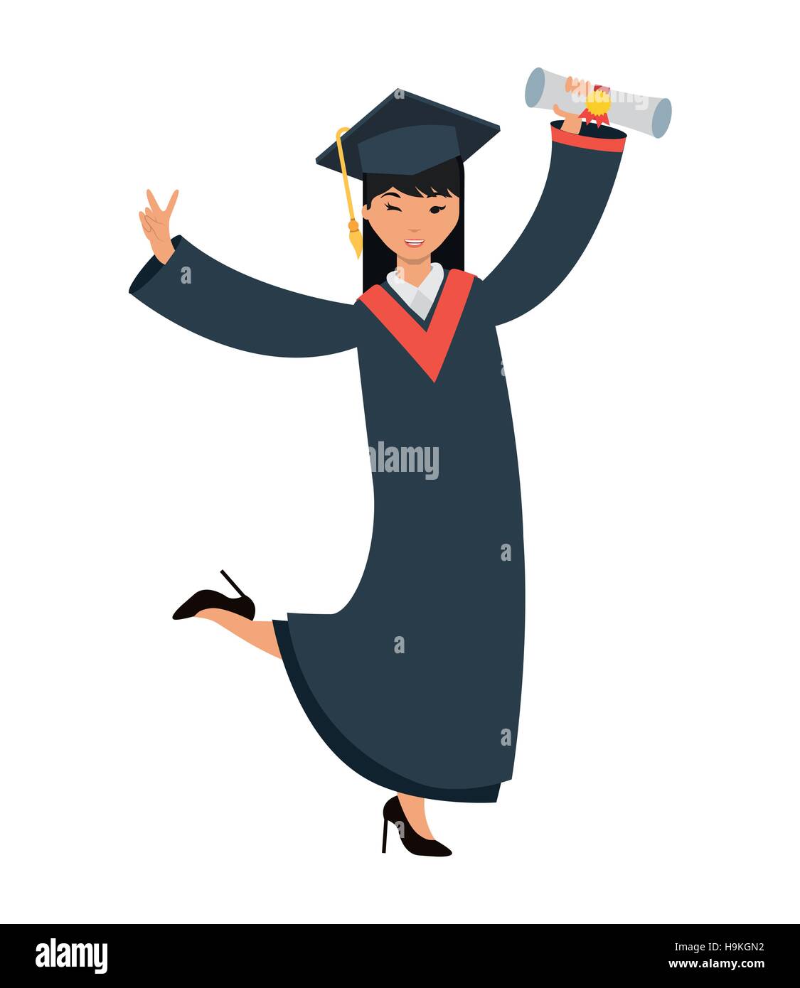 cartoon happy woman graduate holding a diploma over white background ...