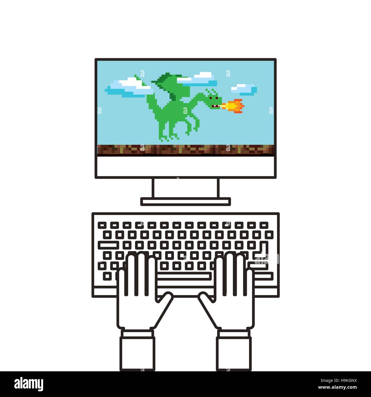 keyboard and computer with videogame on screen over white background ...