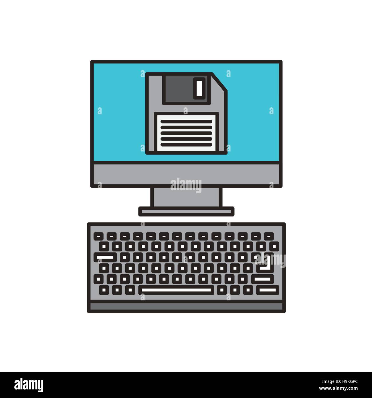 computer device with diskette icon on screen over white background ...