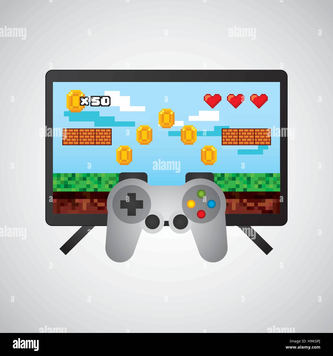 computer with videogame on screen over white background. colorful ...