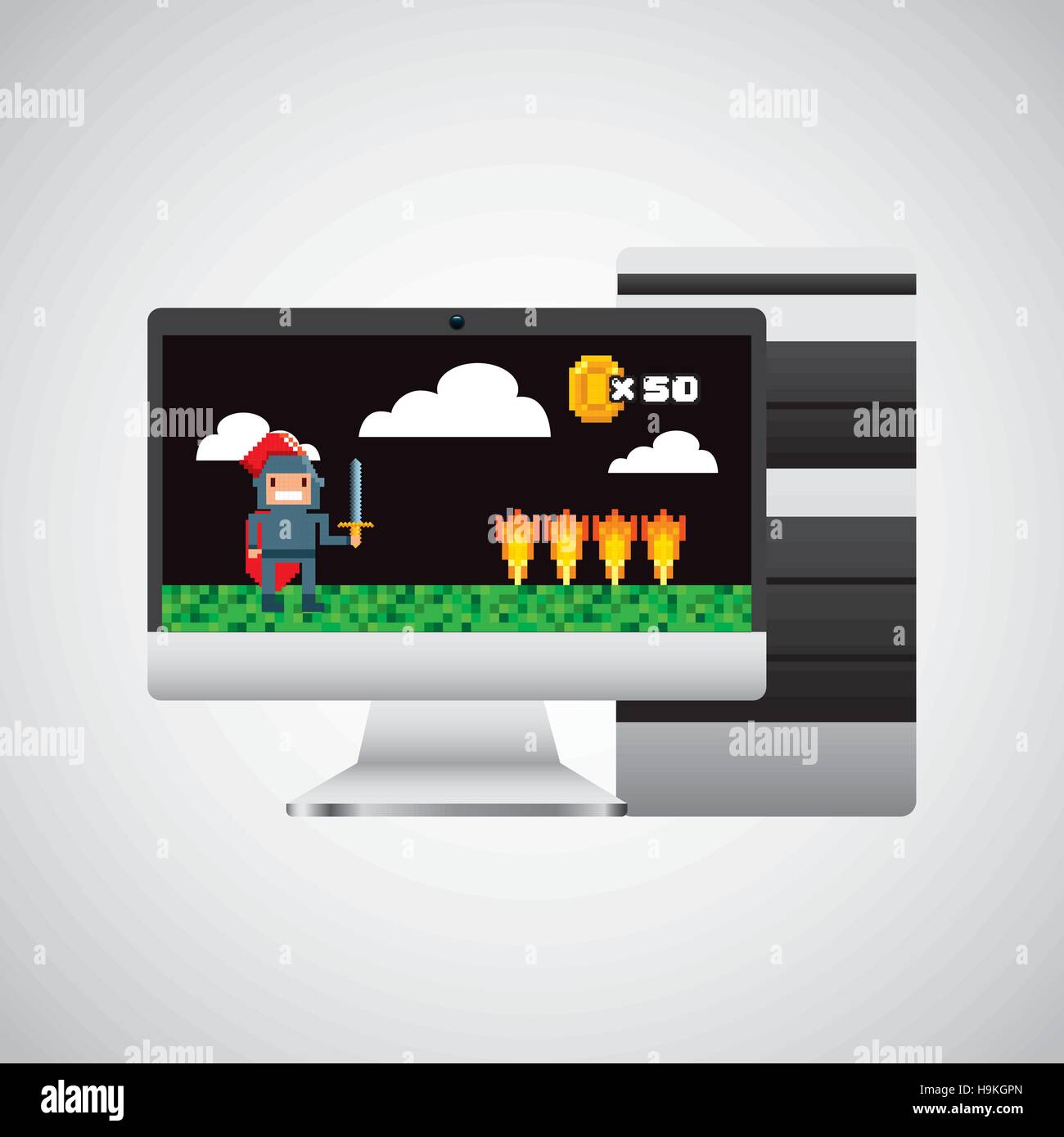 computer with videogame on screen over white background. colorful ...