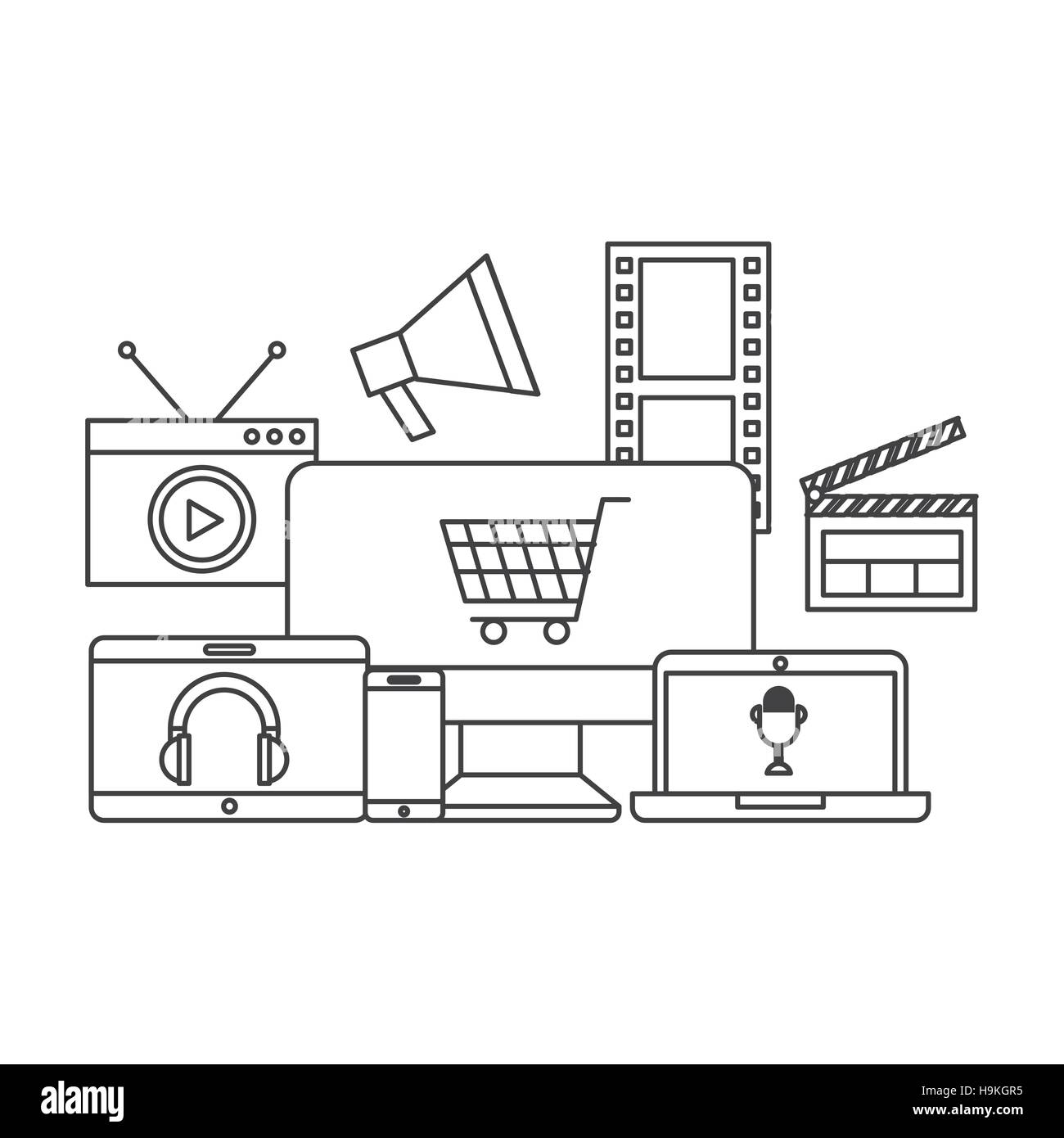 multimedia devices with entertainment icons over white background ...