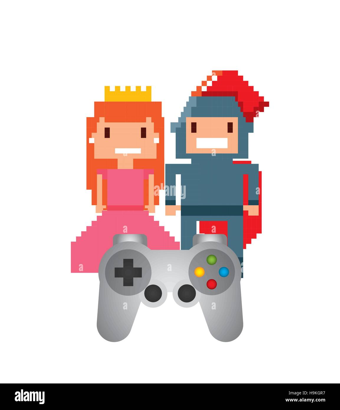 pixel princess and knight videogame characters over white background ...