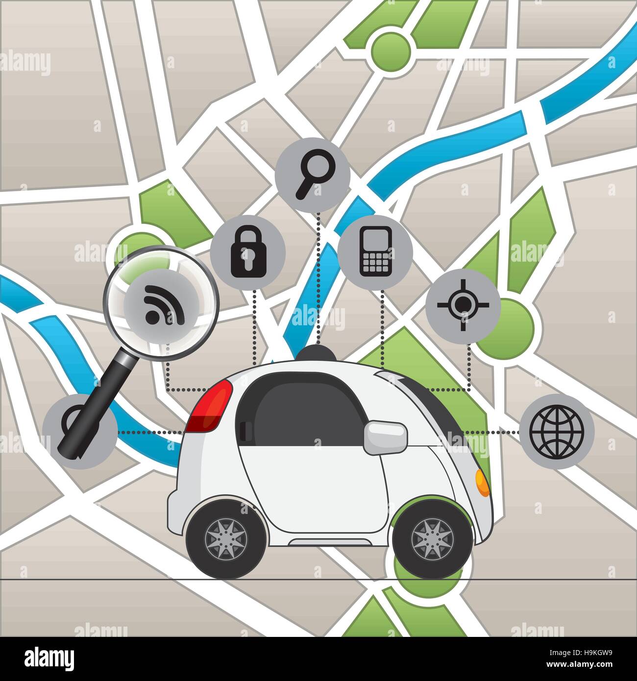 autonomous car vehicle and navigation icons over city map background ...