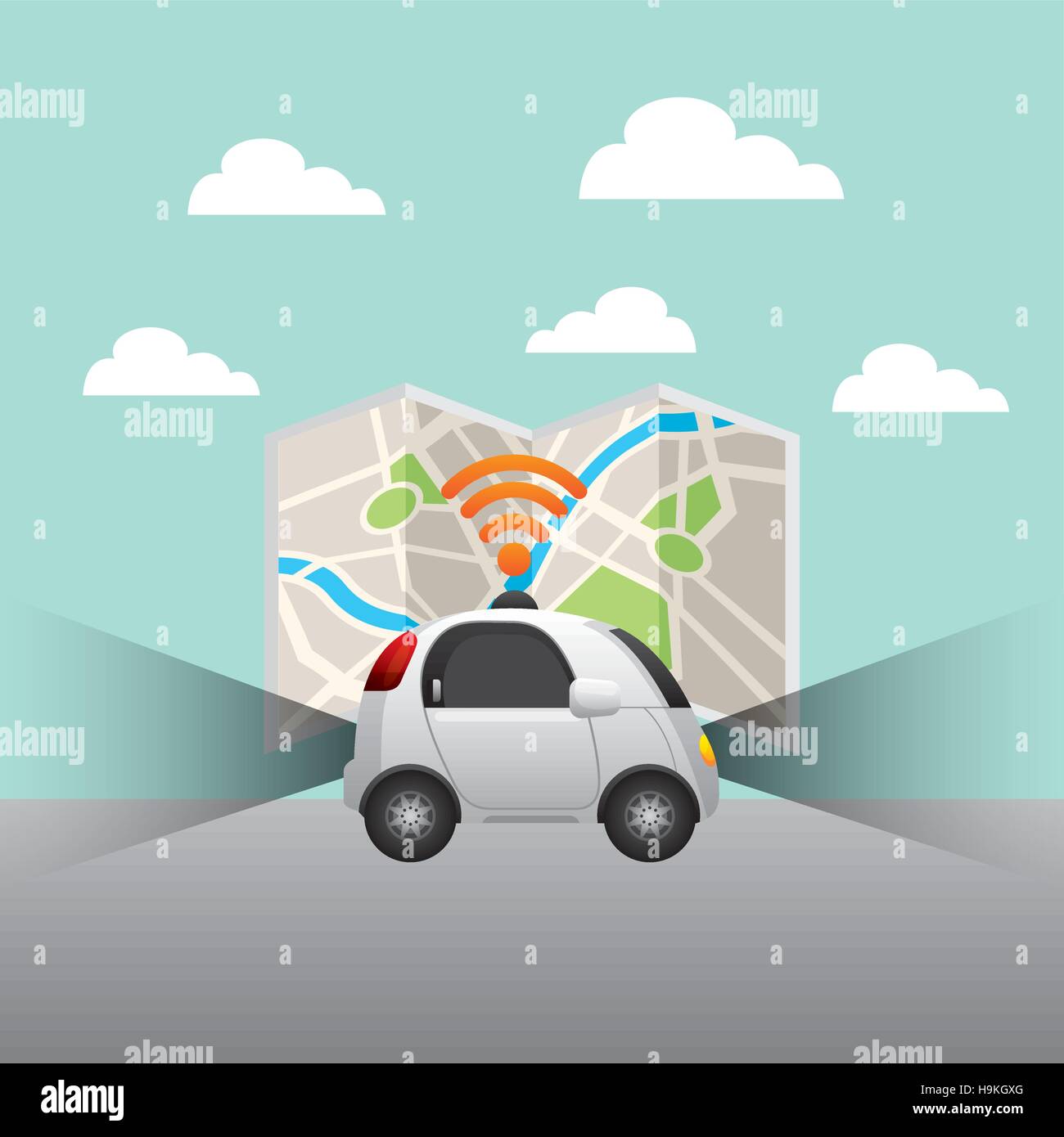 autonomous car vehicle with wireless waves over city map background ...