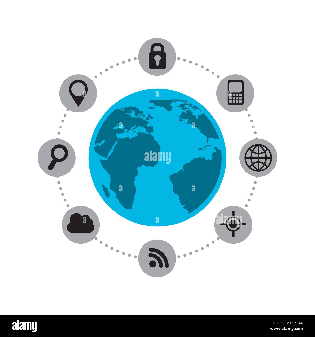 earth planet with navigation and techonology icons around over white ...