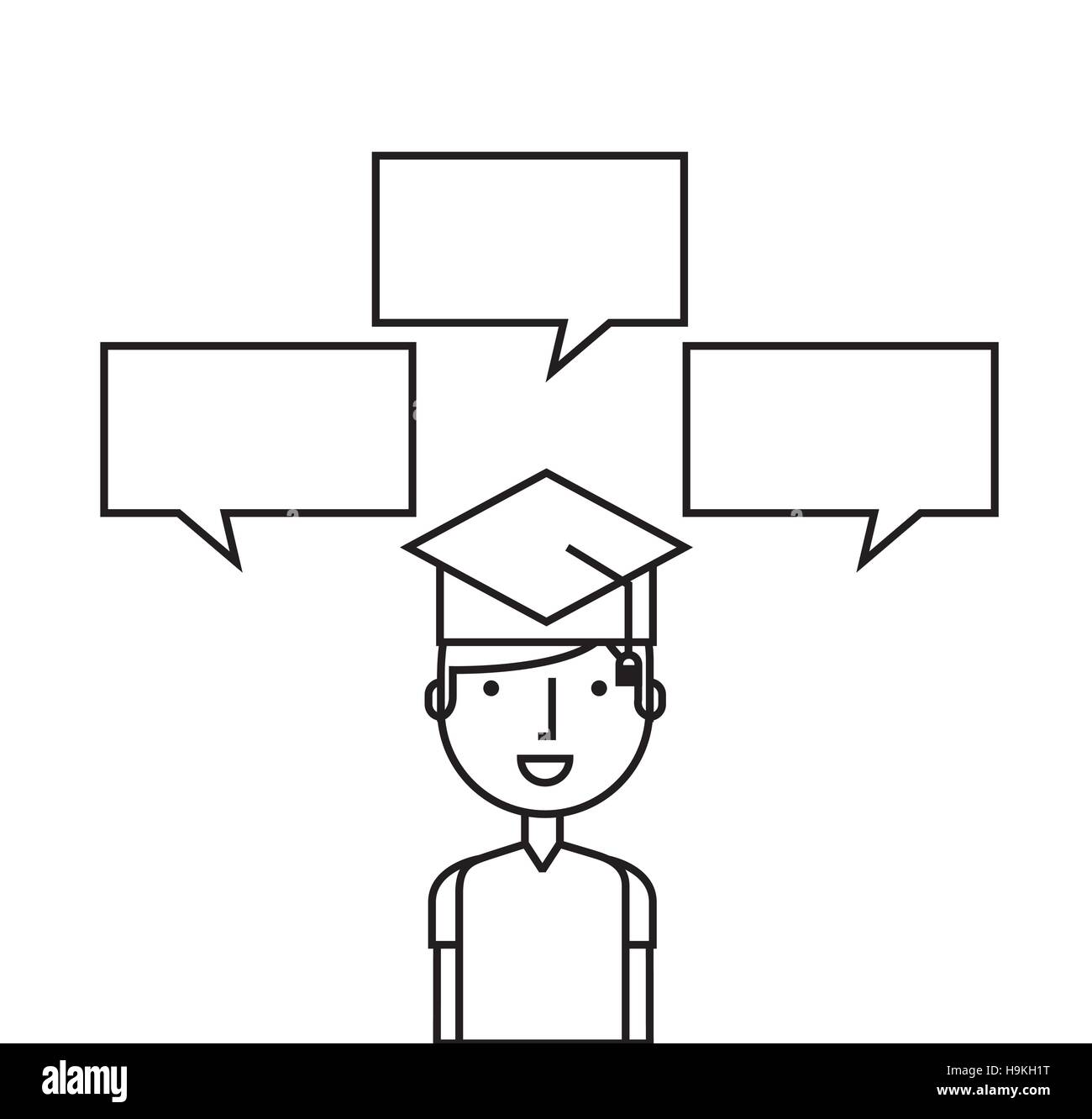 happy man with graduation cap and speech bubbles icon over white ...