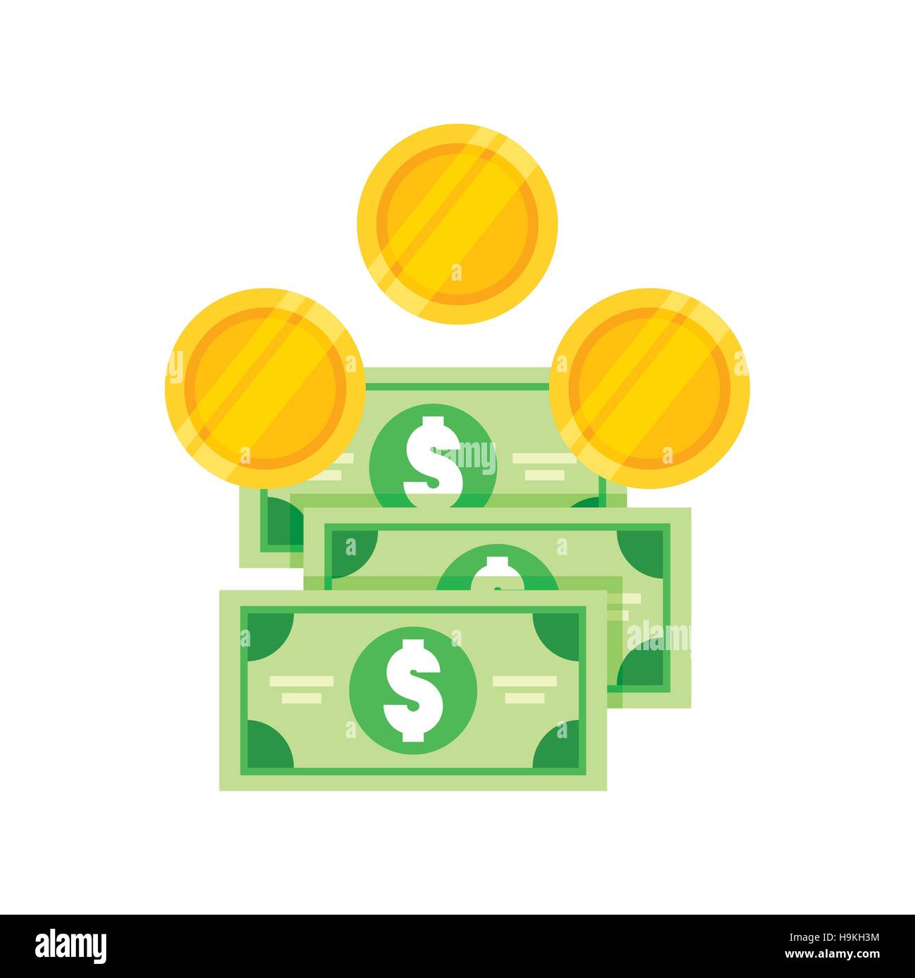 green bills and gold coins over white background. money items design ...
