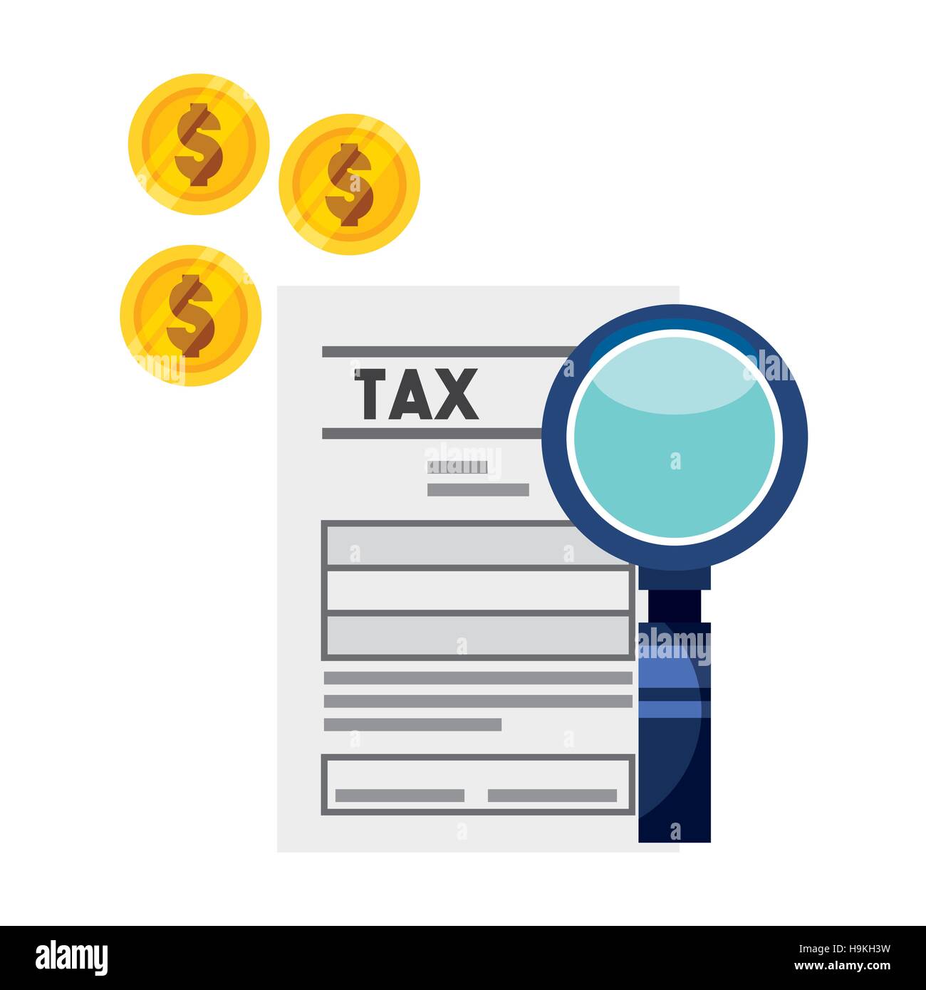 tax document with gold coins and magnifying glass icon over white ...