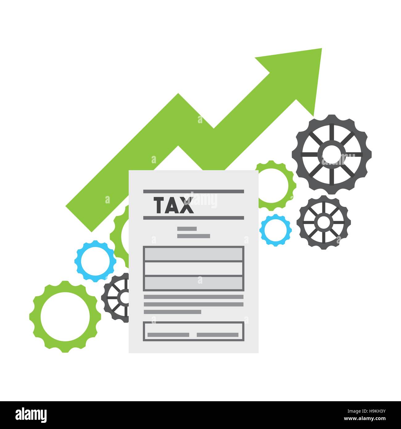 tax document with green up arrow and colorful gears over blue ...
