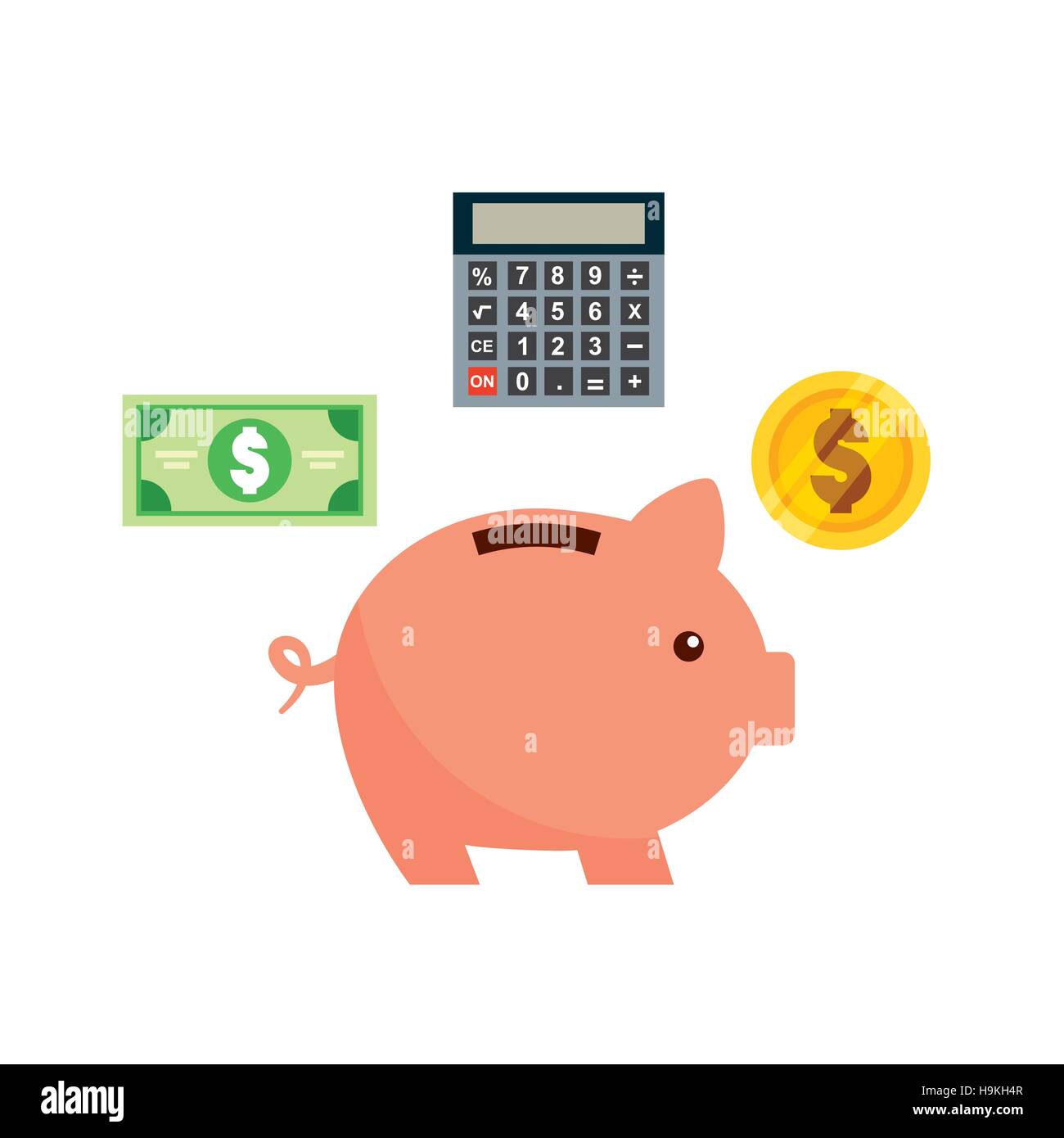 piggy moneybox with money bill and coin and calculator around over ...