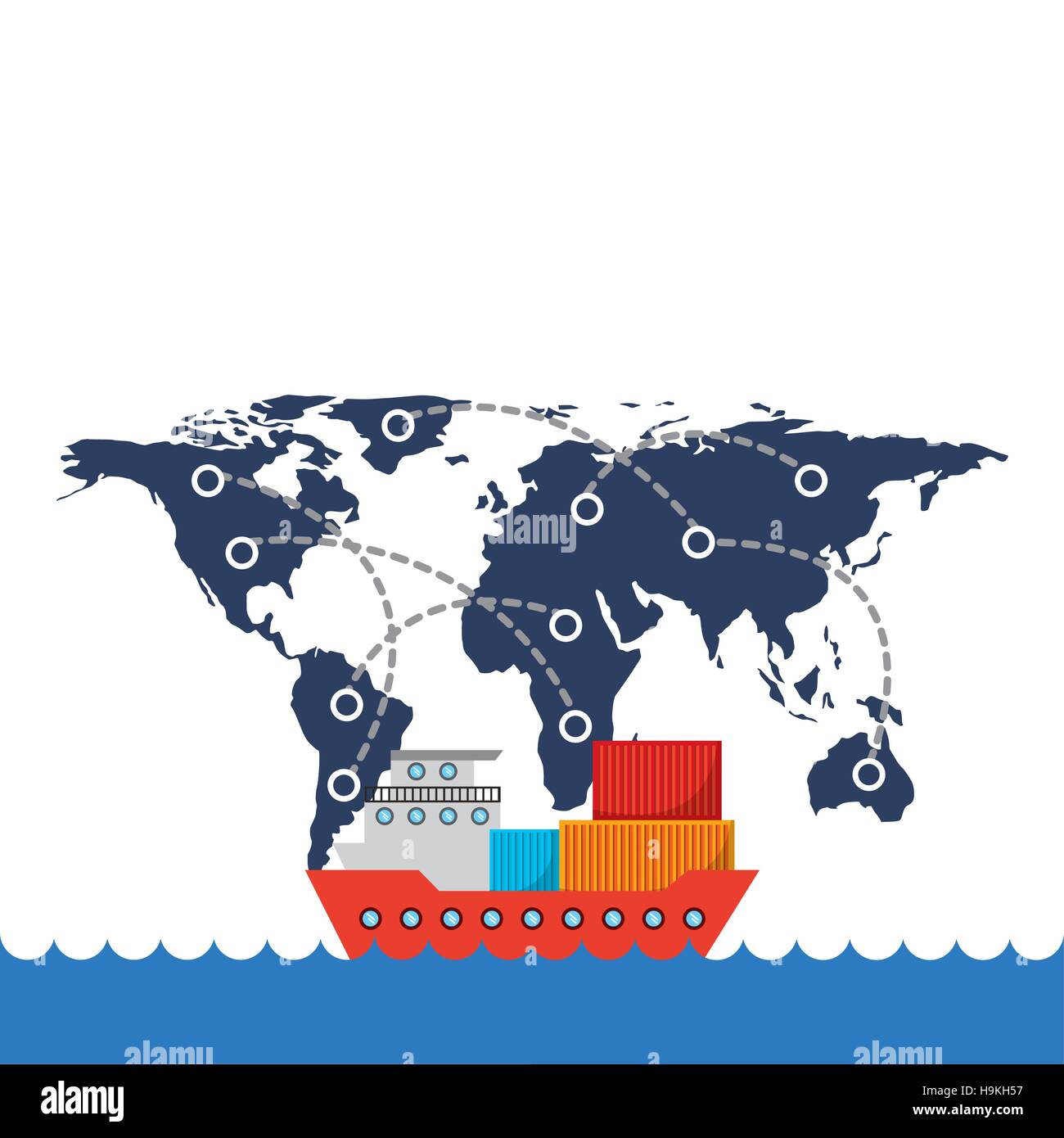 cargo ship with container over world map network background. export and ...