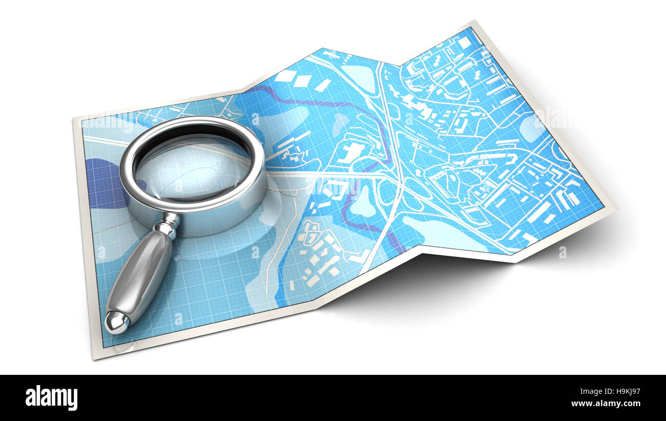 3d illustration of map with magnify glass, address search concept Stock ...
