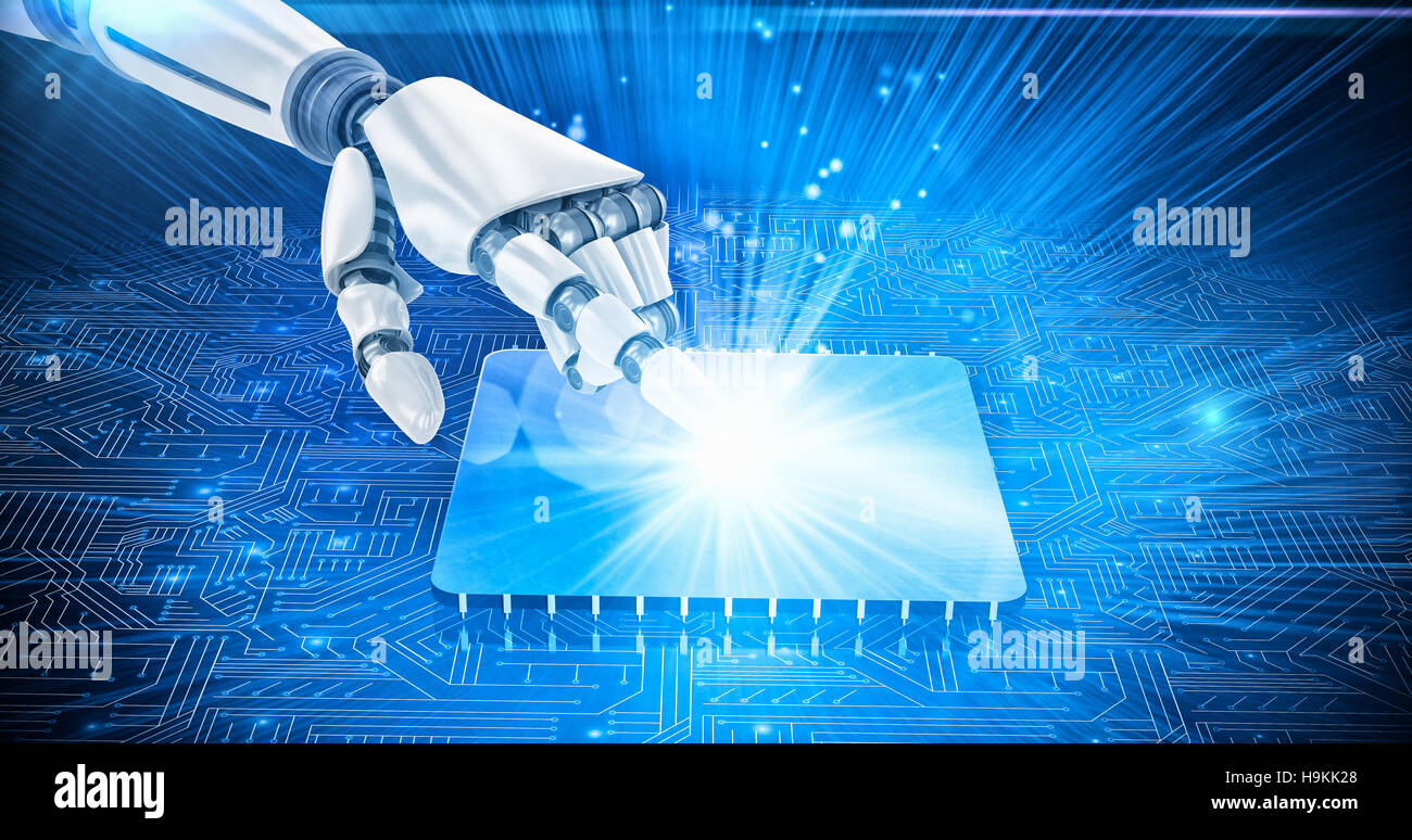 3D Composite image of white robot arm pointing at something Stock Photo ...