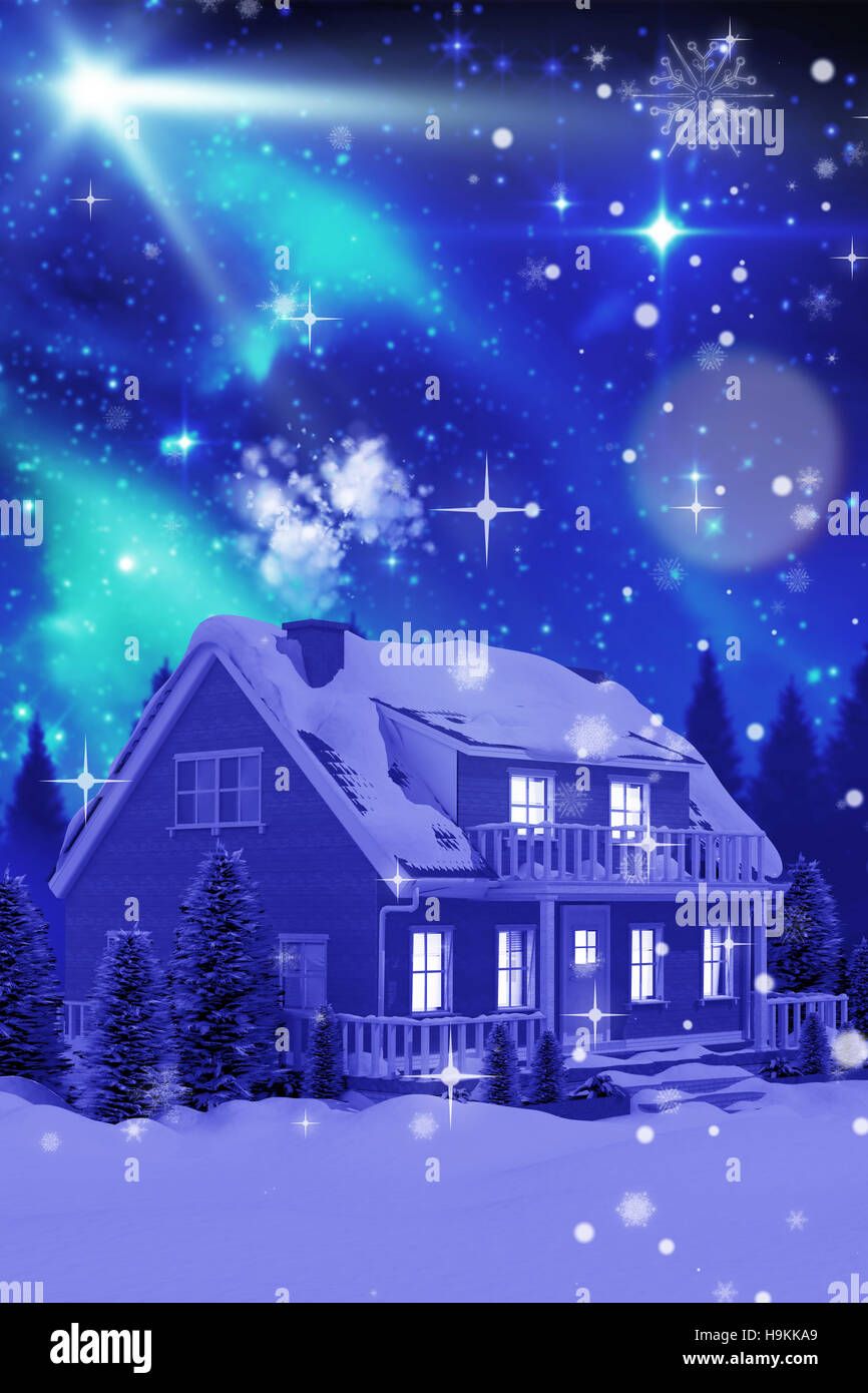 3D Composite image of illuminated turquoise house covered in snow Stock ...