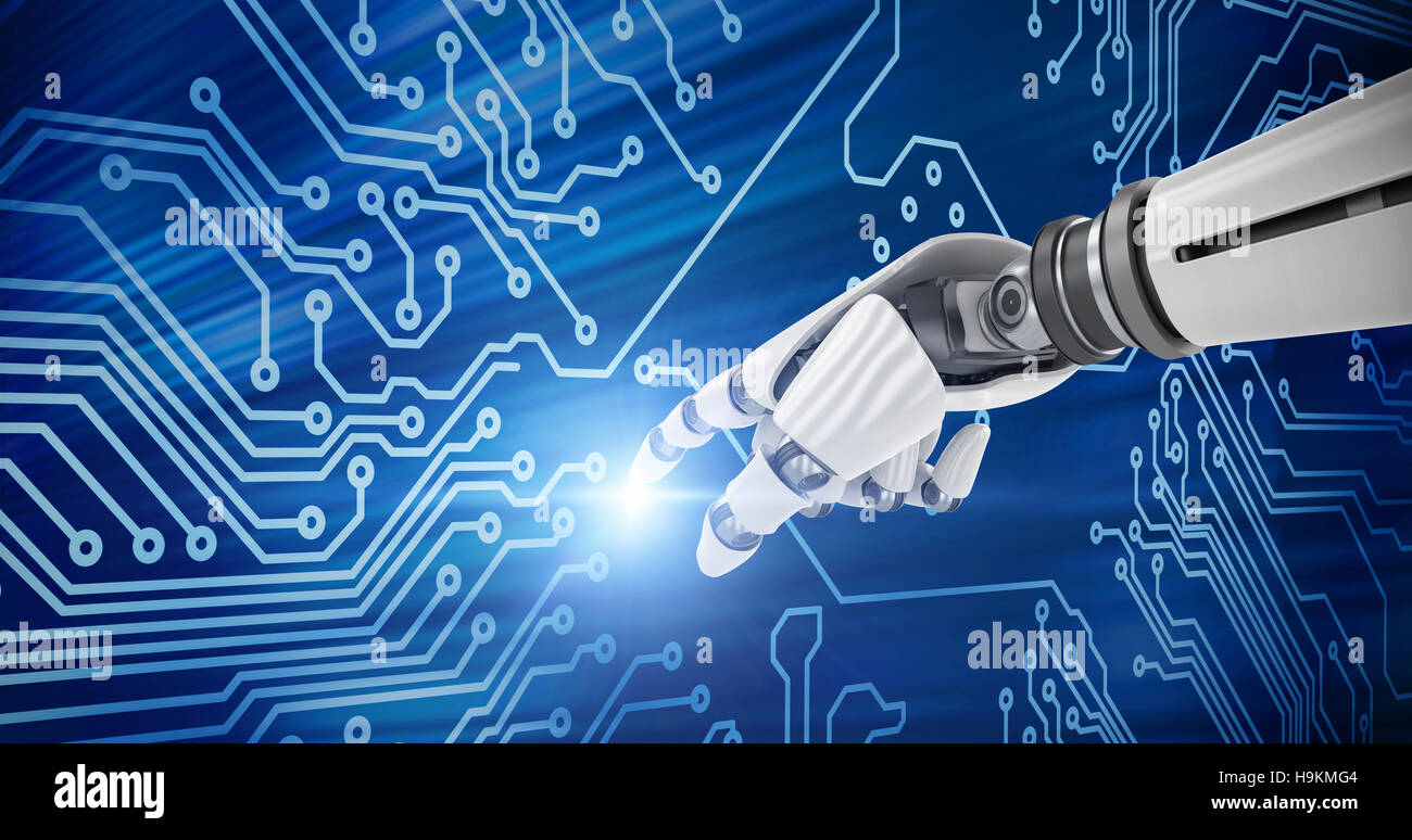 3D Composite image of white robot arm pointing at something Stock Photo ...
