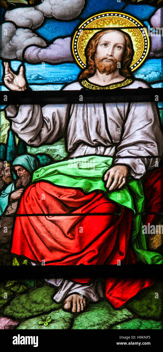 Stained glass window depicting the Sermon on the Mount by Christ, in ...