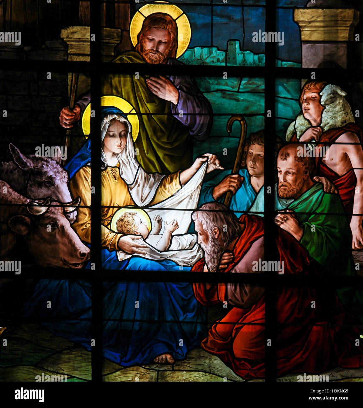 Nativity Scene at Christmas. Stained glass window in the German Church ...