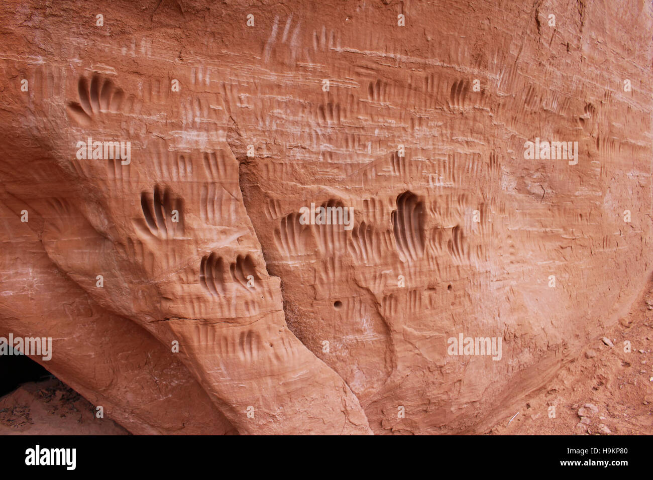 Hand prints worn into a wall of soft sandstone in Utah Stock Photo - Alamy